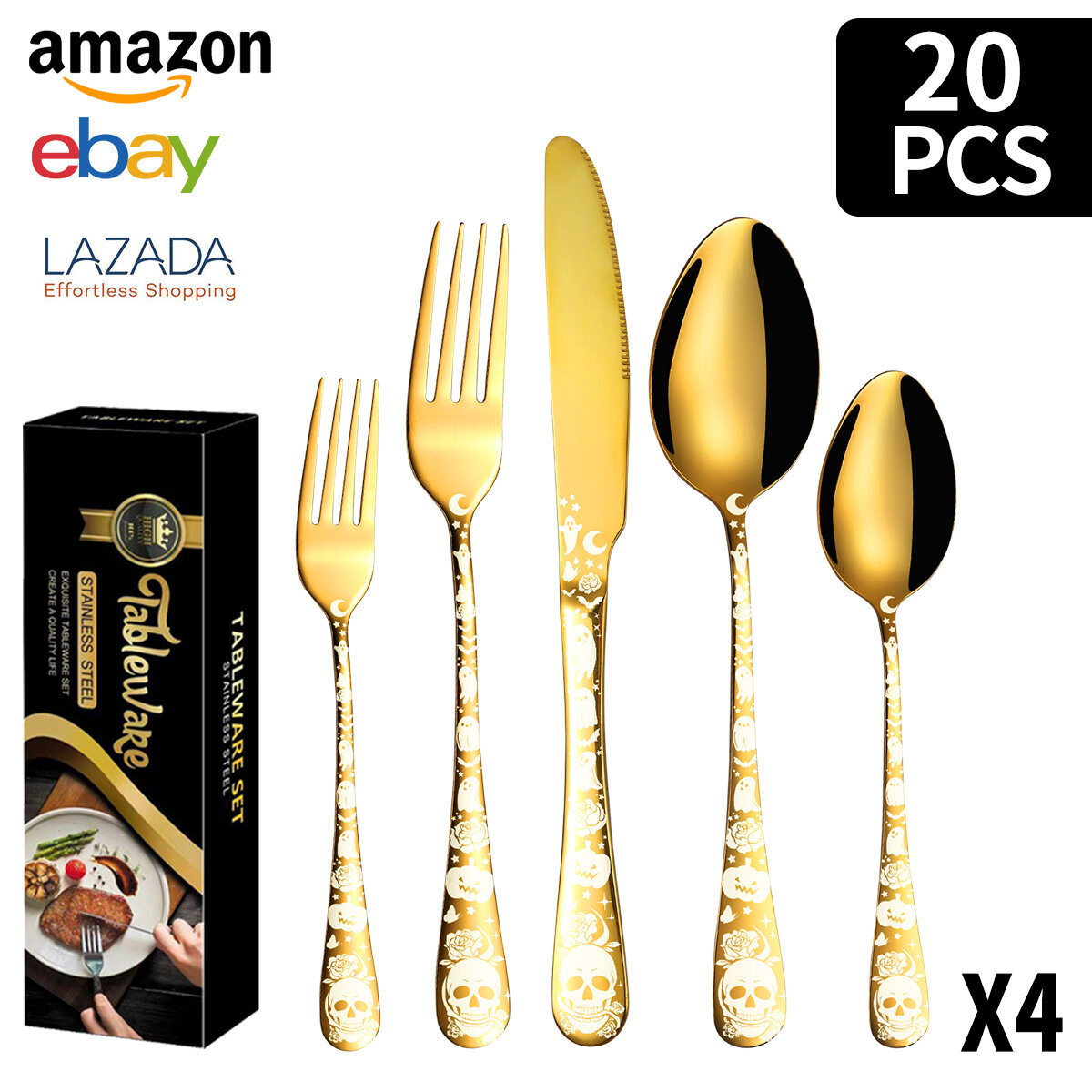 Самый продаваемый на Amazon набор столовых приборов из нержавеющей стали в форме черепа, набор столовых приборов в западном стиле с узором на Хэллоуин для отелей.