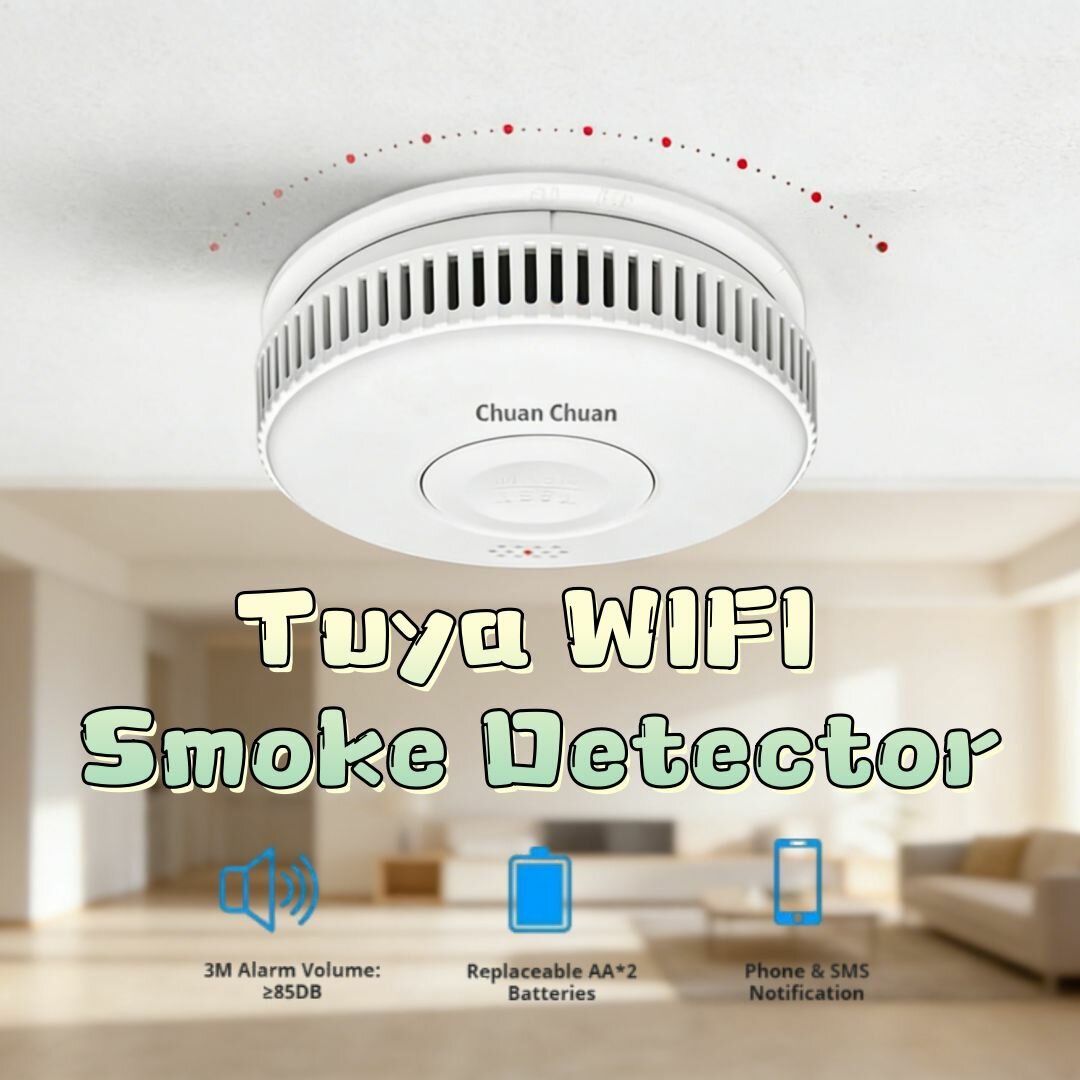 Умный Wi-Fi датчик дыма Tuya, технология двойной передачи и одного приёма , громкая сирена 85 дБ, защита от ложных срабатываний, с сеткой от насекомых для дома