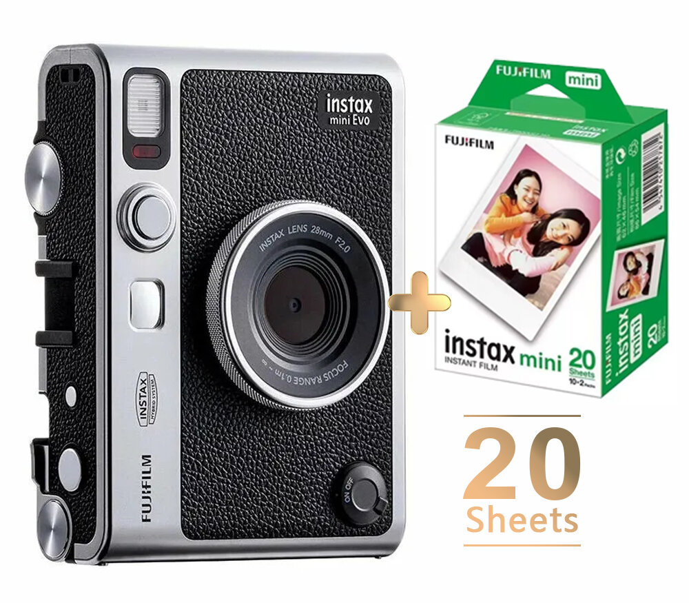 Фотоаппарат Fujifilm Instax Mini EVO коричневый+Fujifilm Instax Mini 20 шт - Черный цвет кожи