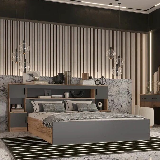 Бася Кровать 1,6м с надстройкой с тумбами (Графит, Дуб крафт)