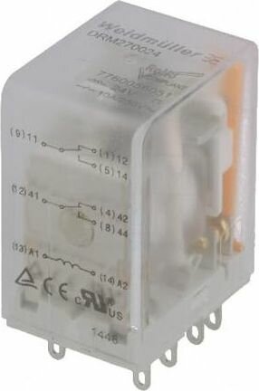 Реле WEIDMULLER DRM270024 электромагнитное, DPDT, Uобмотки 24ВDC, 10A/250ВAC, 10А, 1 шт