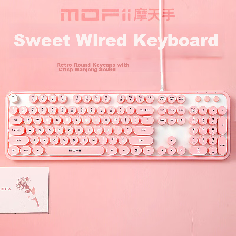Mofii Sweet Wired Keyboard for Women, Chocolate Mahjong Sound, Retro Dotted Desktop And Laptop Office Keyboard, Cherry Blossom Pink