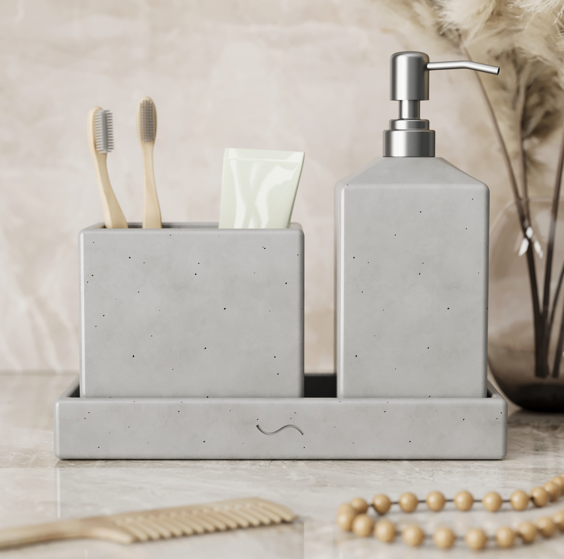 Набор для ванной Emily 11 (дозатор с металлической помпой, стакан двойной, поднос S), бетон, серый глянцевый