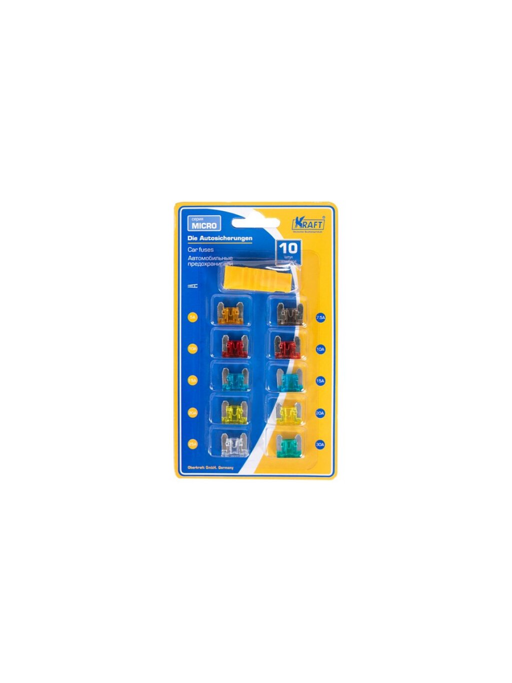 Предохранители флажковые Micro KRAFT 10 шт, 1х5А,1х7,5А,2х10А,2х15А,2х20А,1х25А,1х30А с пинцетом