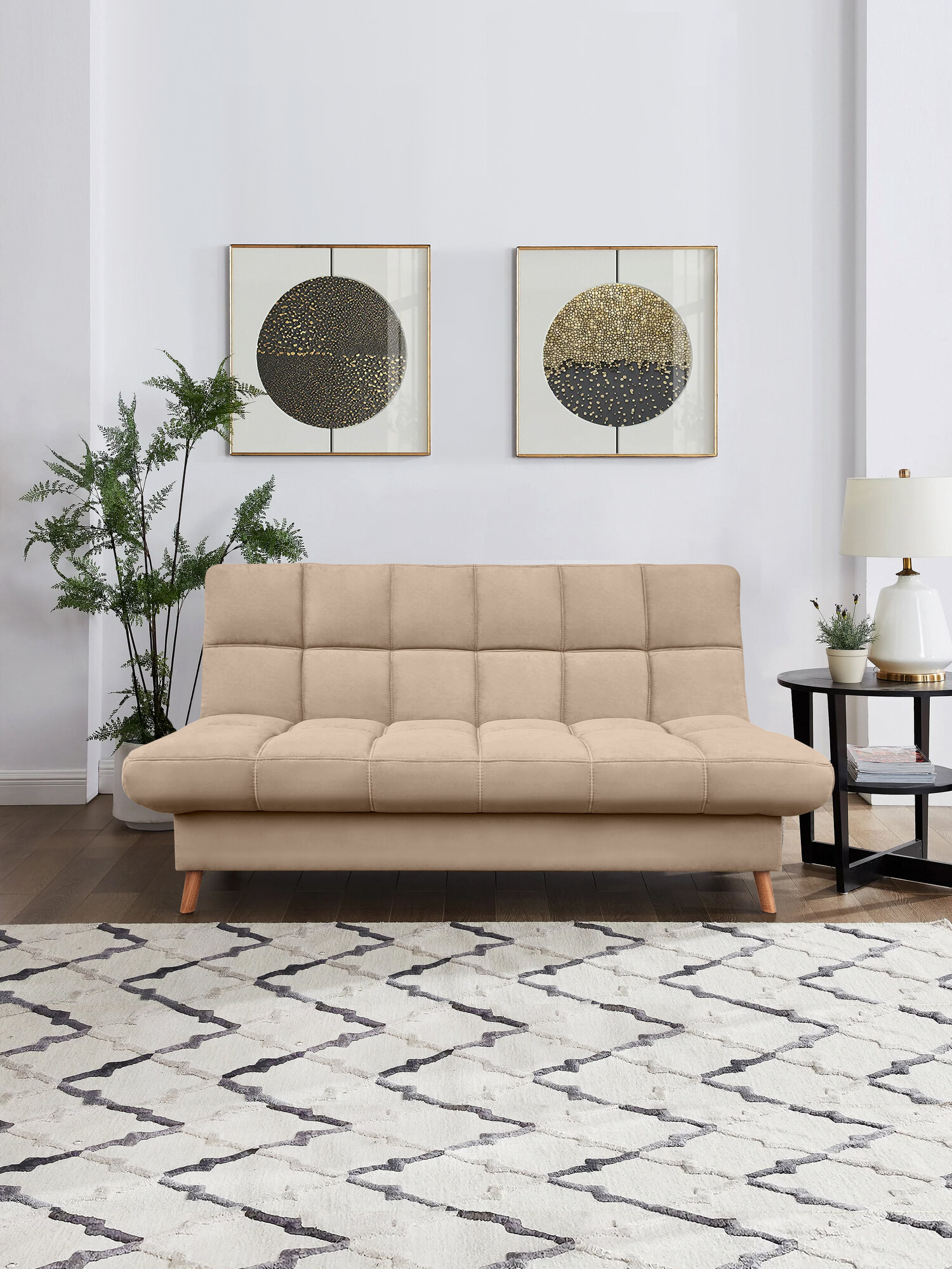 Диван кровать Стоун Strong Z прямой раскладной бежевый с ящиком для белья, механизм клик-кляк, 200х93х99 см