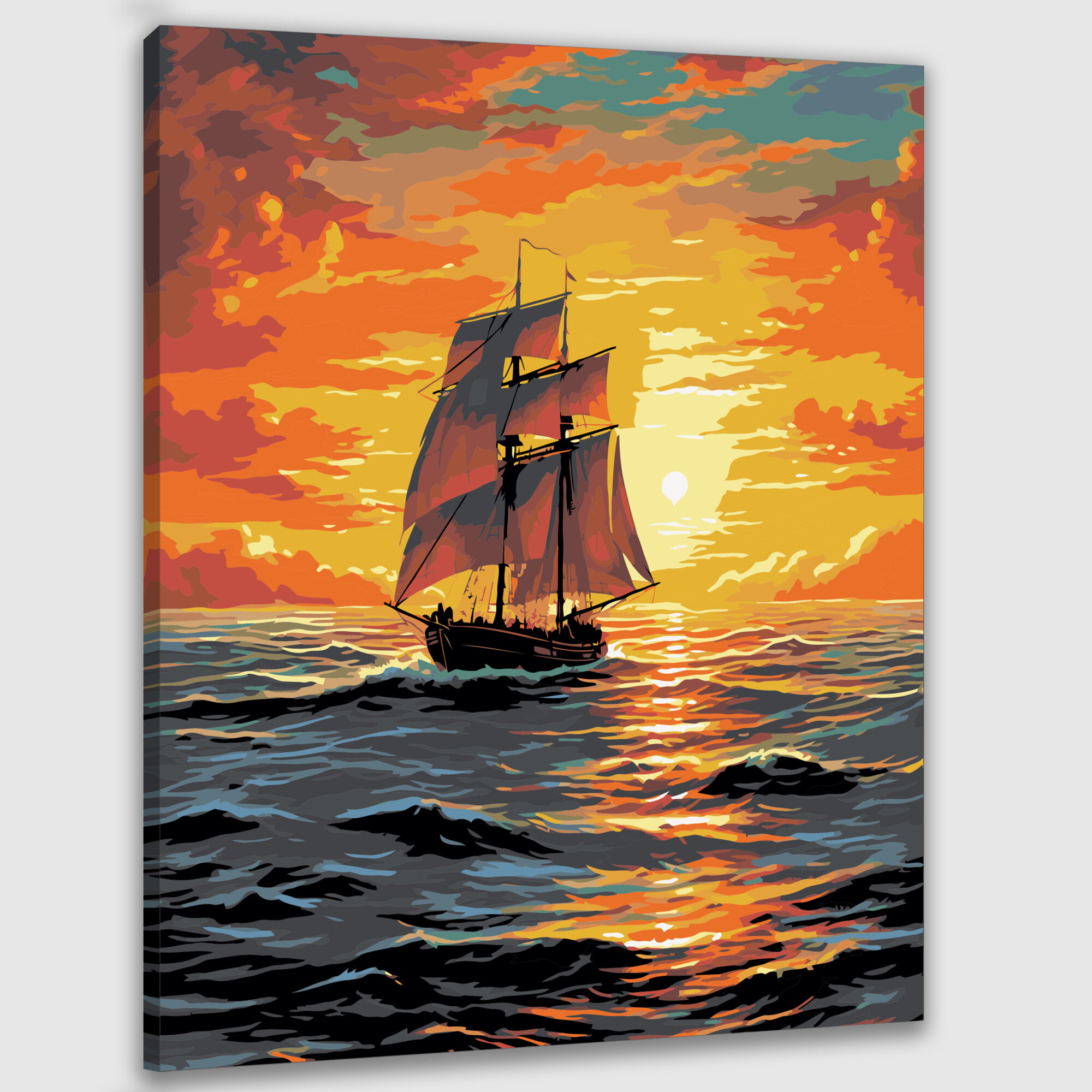 Картина по номерам 40x50 см, Фотография, парусник, бирюзовые воды, белые паруса, закат, золотистое сияние, приключение