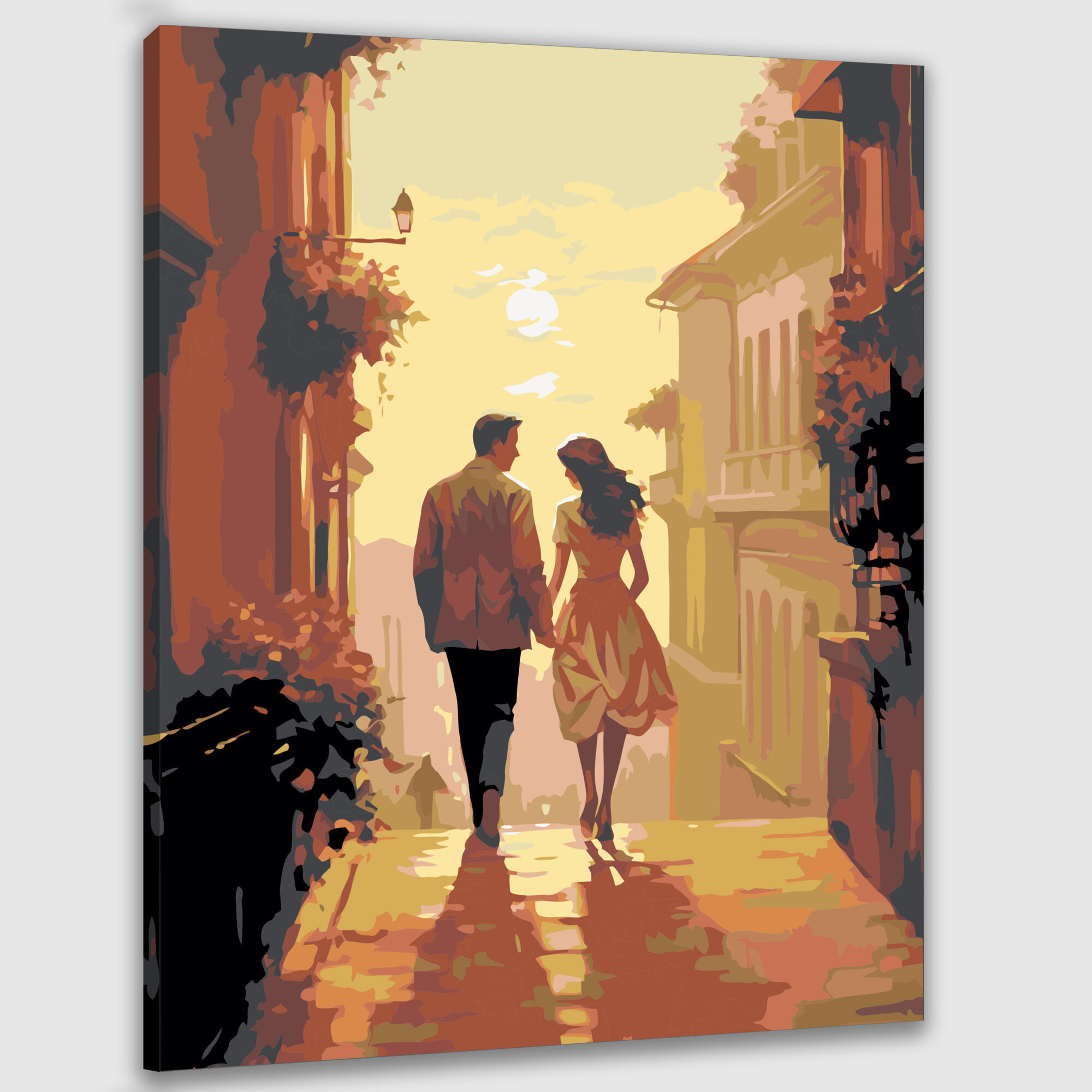 Картина по номерам 40x50 см, картина маслом, роман, итальянский, пара, рука об руку, улочки Флоренции, силуэты, закат