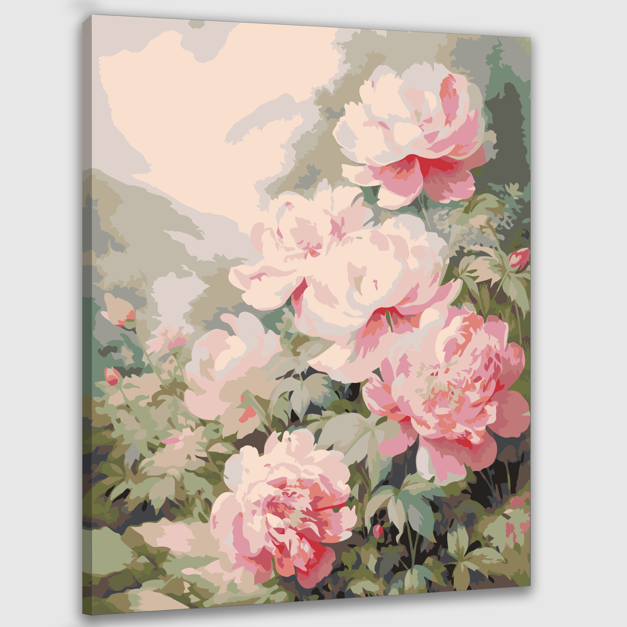 Картина по номерам 40x50 см, акварель, картина, пионы, цветущий сад, лепестки, розовый, белый, зеленая листва, свежесть