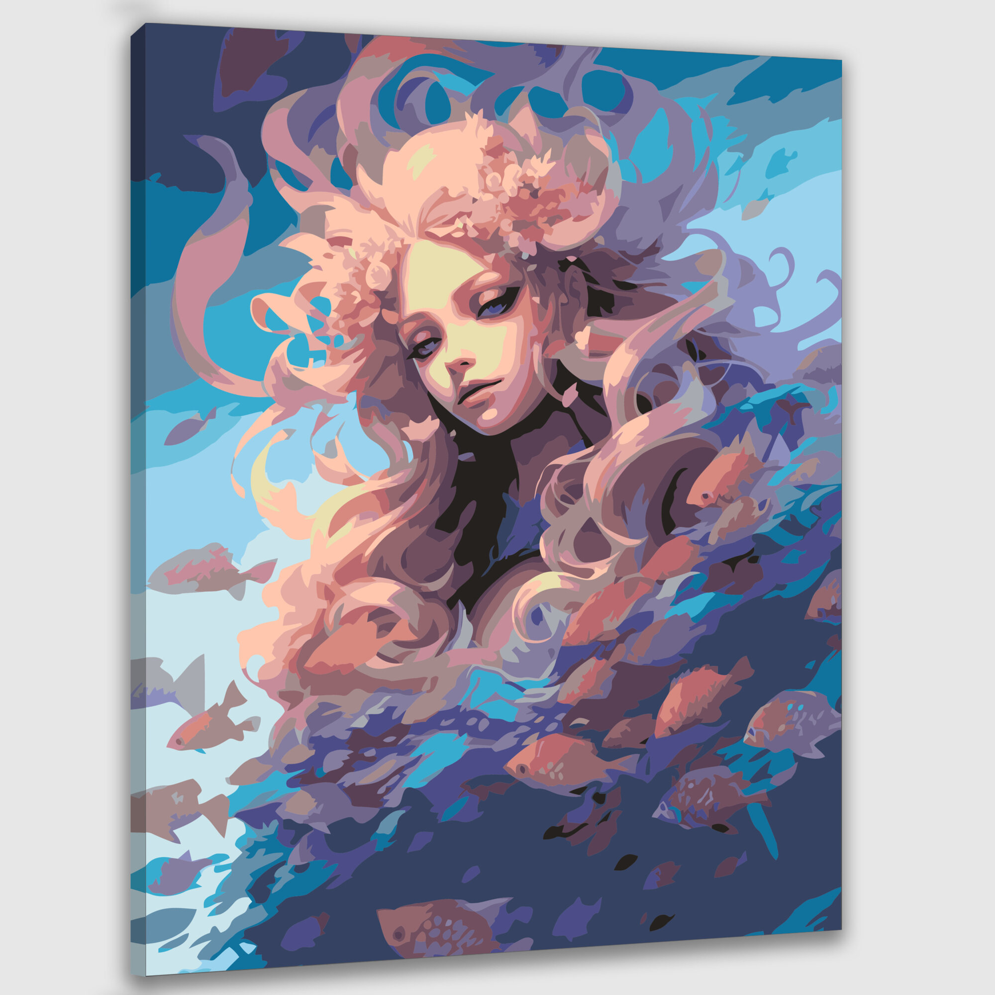 Картина по номерам 40x50 см, русалка, волосы, пастельные цвета, подводные течения, коралловые рифы, морская флора