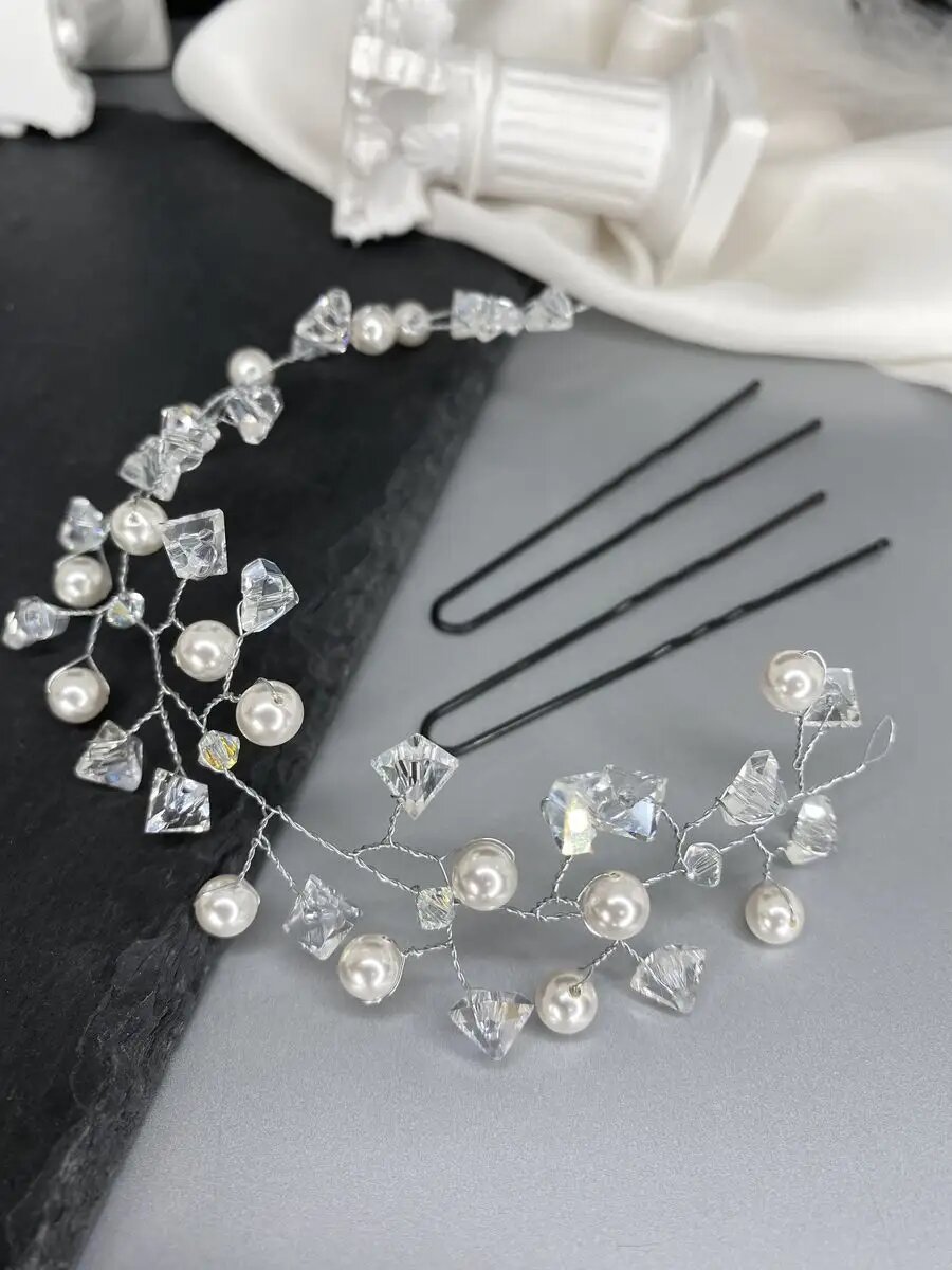 Свадебная шпилька "Amante Crystal", для волос, с кристаллами, женская, серебристая, белая