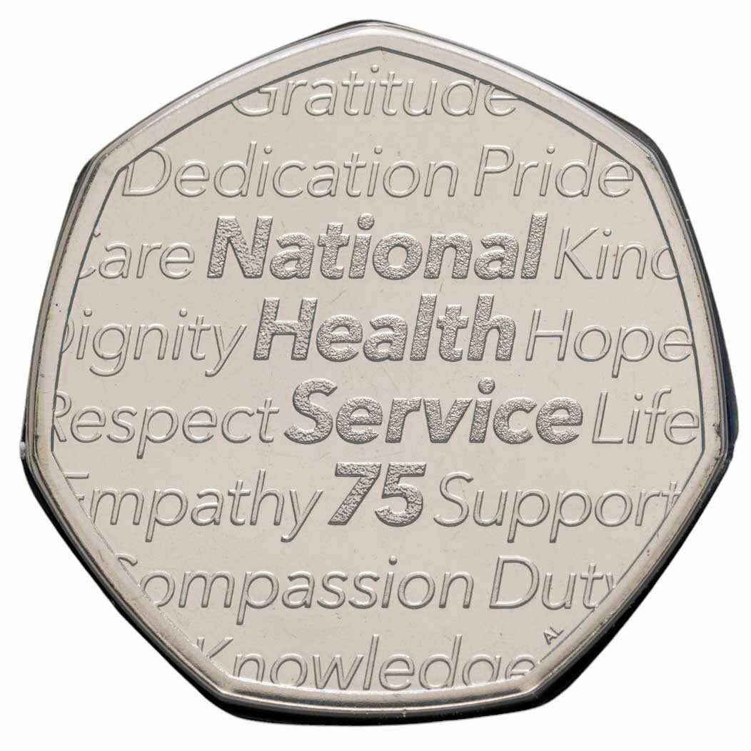 Великобритания 50 пенсов 2023 "75 лет национальной службе здравоохранения", в буклете, Мельхиор медь-никель, в сохранности BUNC