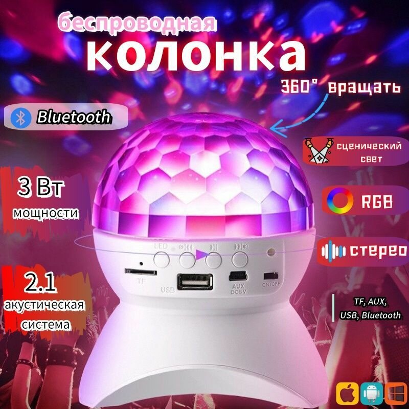 Проектор звездного неба , Bluetooth колонка и MP3 плеер, лазерный проектор, светильник ночник, белыйр, белый