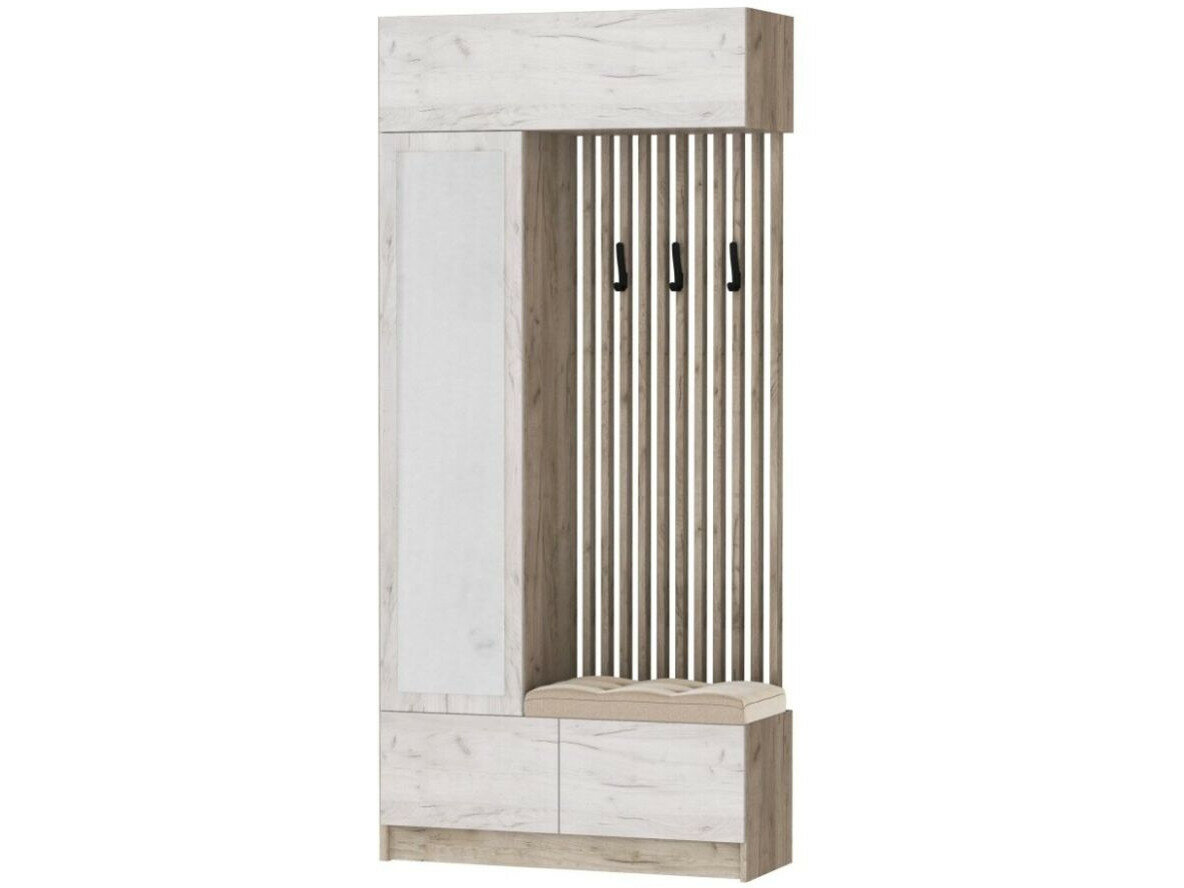 Прихожая-комплект, 3 крючка, обувницы с мягким сиденьем, зеркало, дуб крафт серый/дуб крафт белый