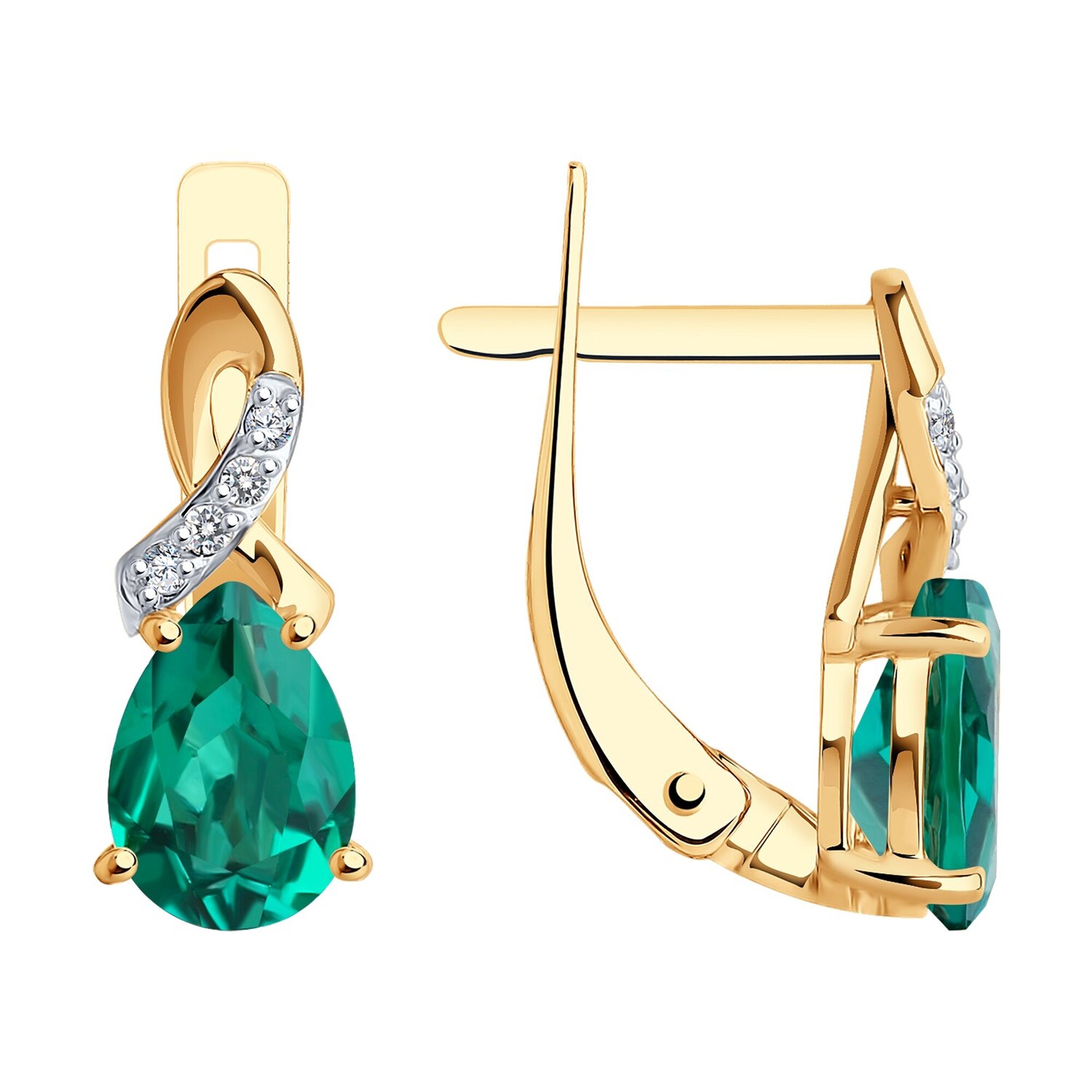 Серьги, красное золото, 585 проба, изумруд синтетический, фианит
