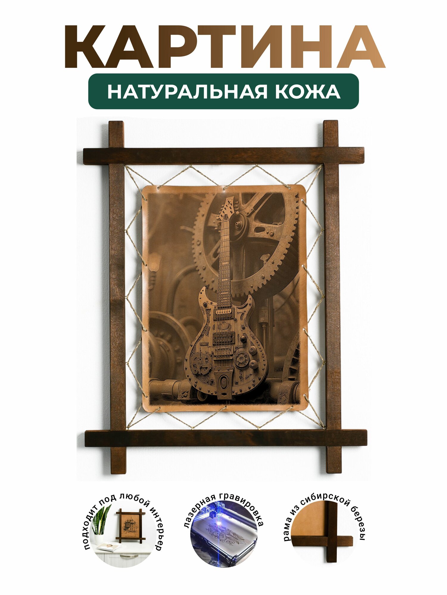 Картина интерьерная из кожи "Механическая электрогитара", BoomGift