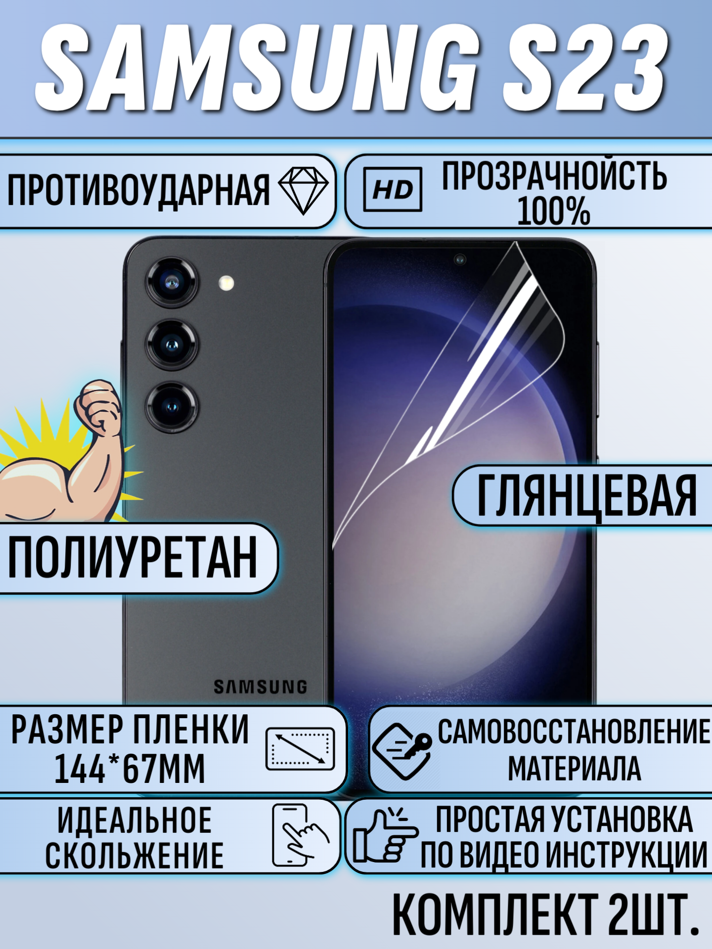 Гидрогелевая пленка для Samsung S23 глянцевая на весь экран 2шт