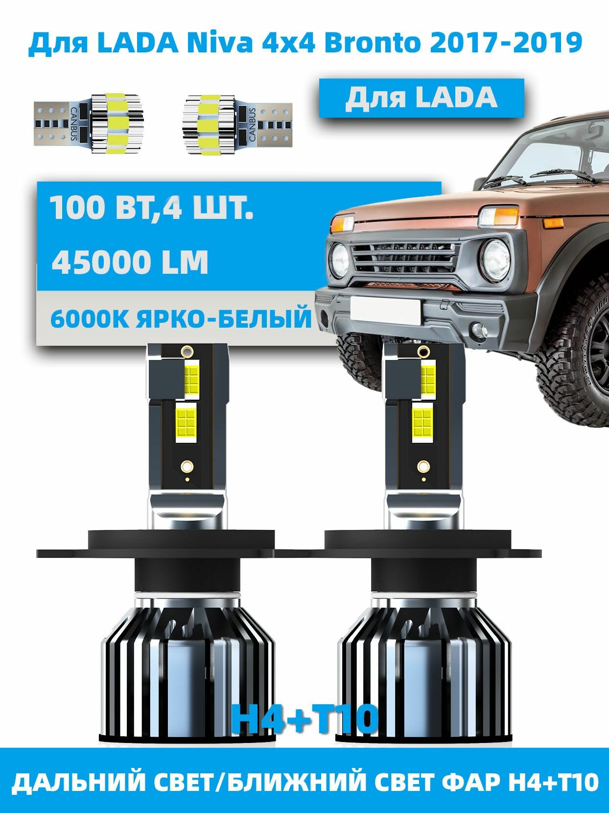 Светодиодные лампы H7, диодные лампы H7 LED + T10 Для LADA Niva 4x4 Bronto 2017-2019