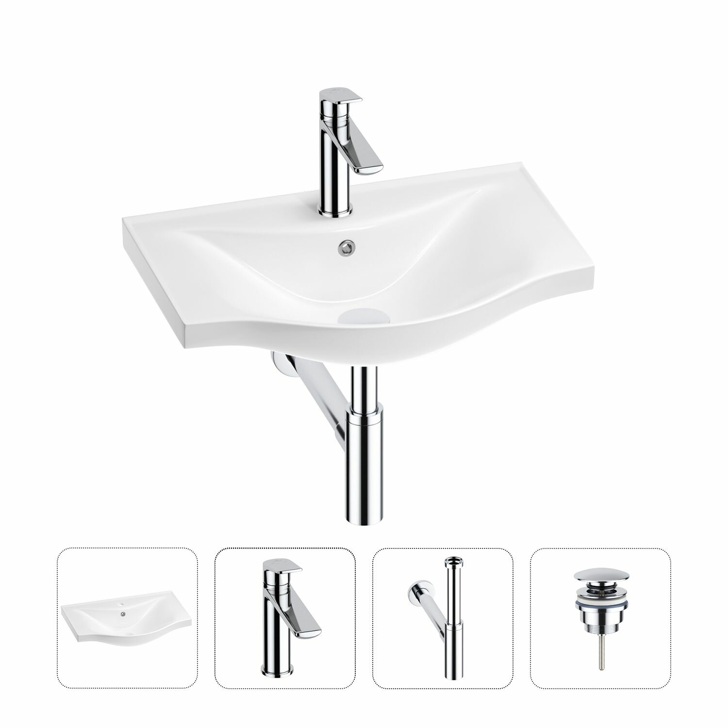 Раковина для ванной Wellsee Bisou 201003481 в наборе 4 в 1: раковина белого глянцевого цвета, смеситель, сифон, донный клапан (цвет набора хром)