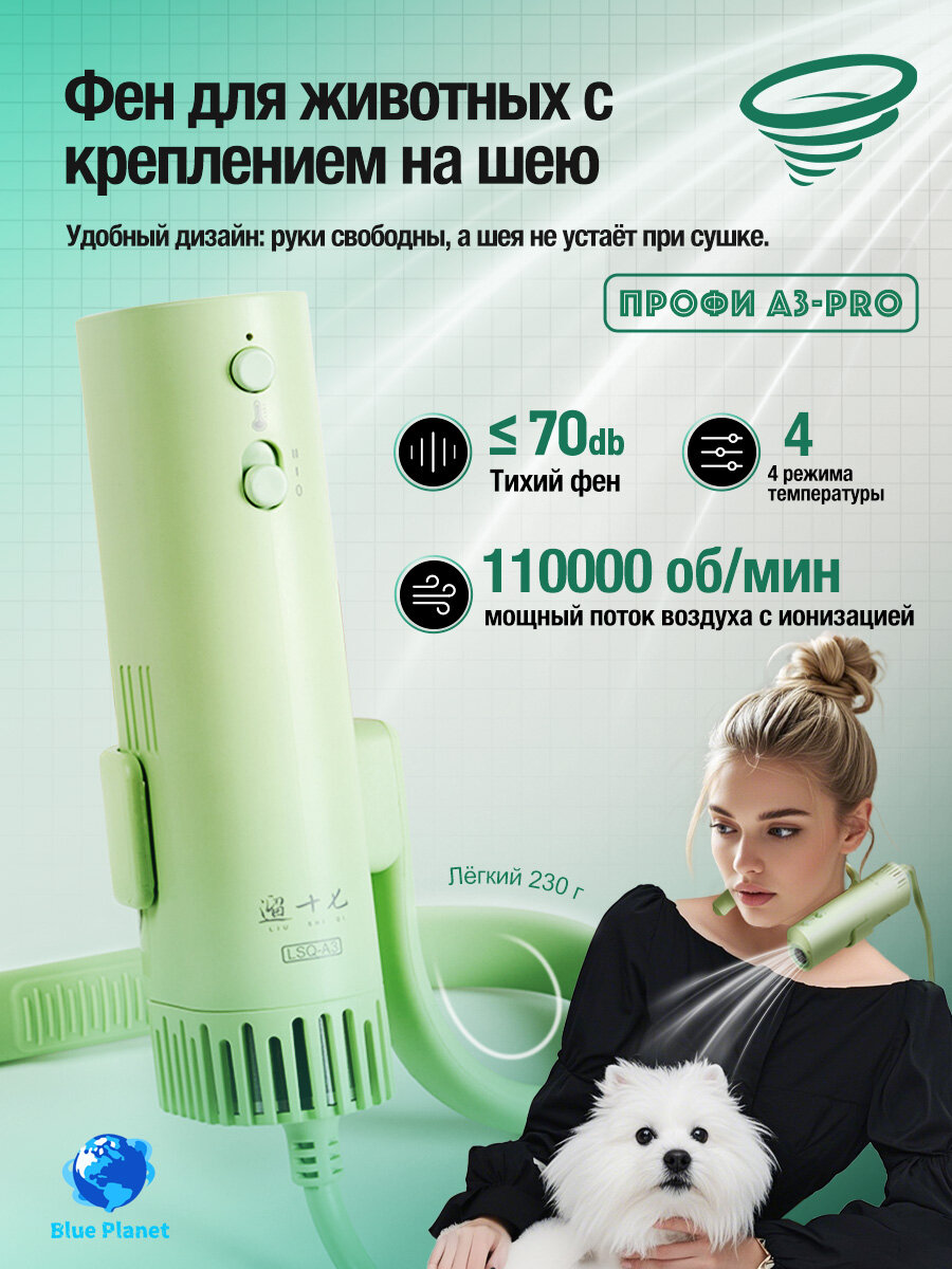 Фен для животных, подвесной, бесшумный, на шею, пластик, для собак, с кронштейном