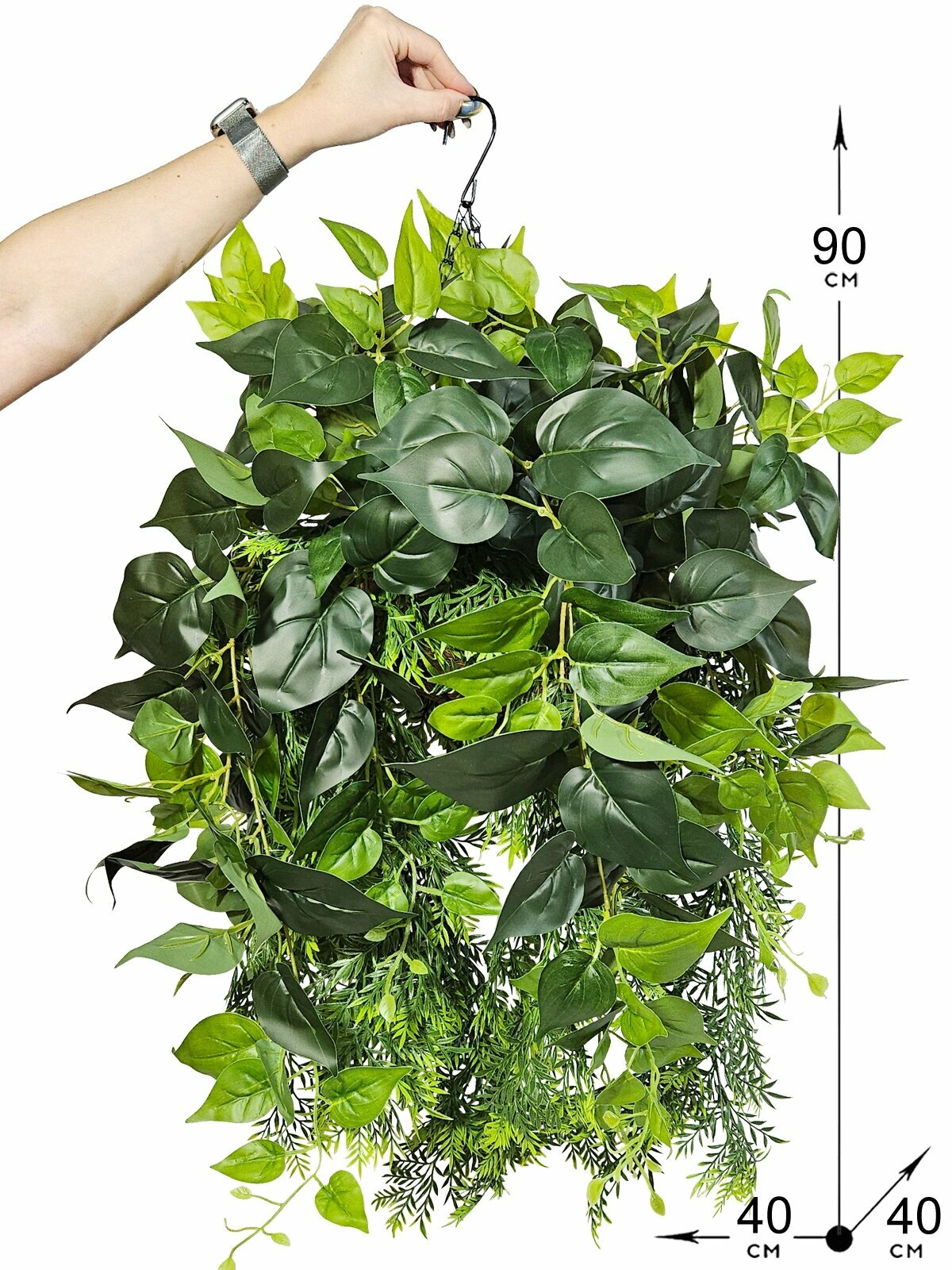 Филодендрон с зеленью в подвесном кашпо от ФитоПарк, цветы искусственные для декора свисающие