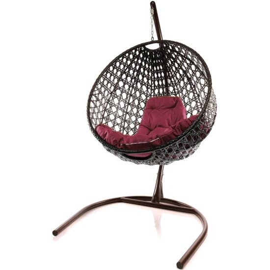 Подвесное кресло кокон M-group круг люкс с ротангом коричневое+бордовая подушка