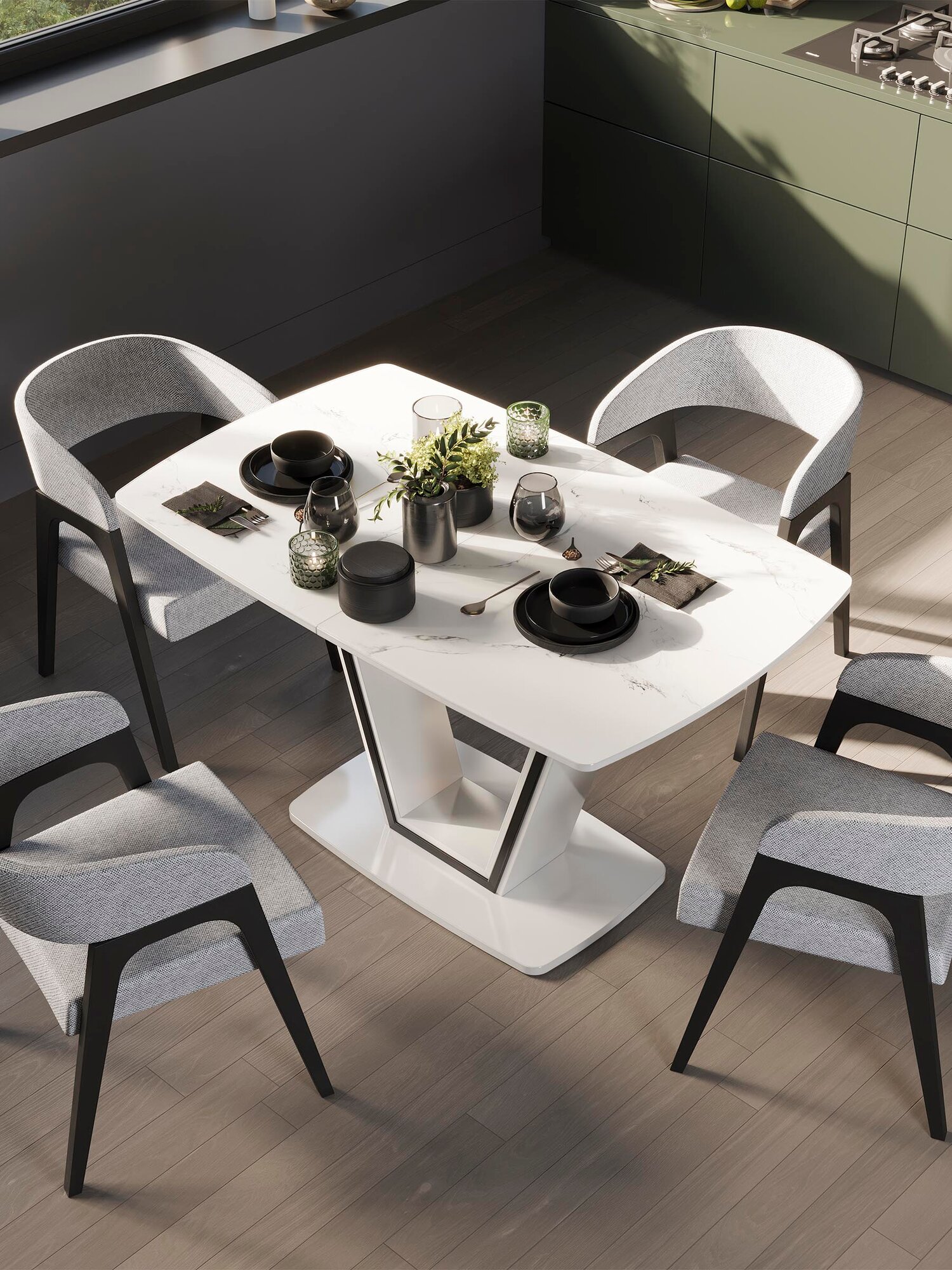 Стол кухонный , раздвижной, стеклянный Дели 130х80 см. Белый глянец/Стекло матовое белый мрамор