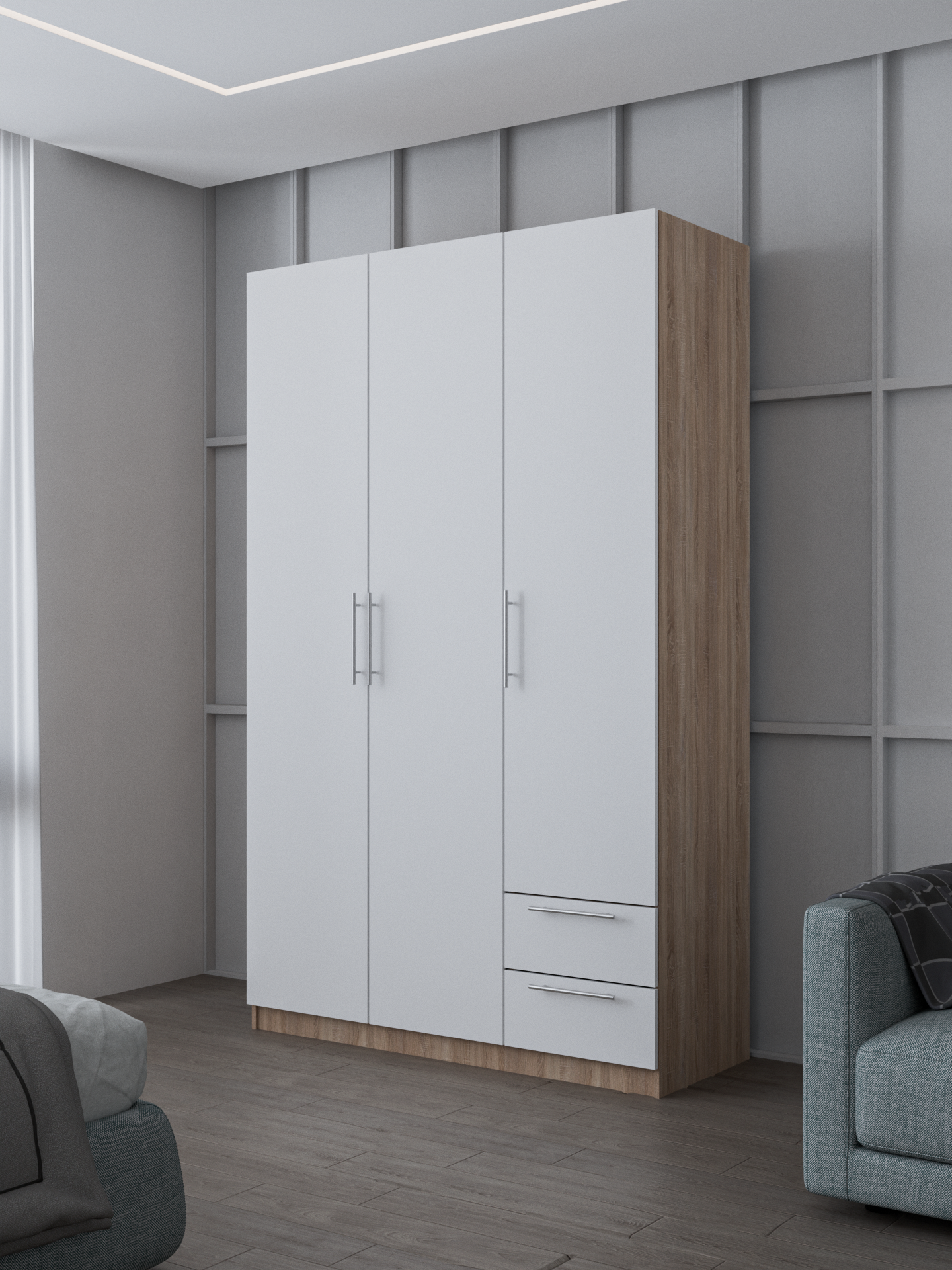 Шкаф распашной Афина | Корпус ЛДСП Дуб сонома| Фасад ЛДСП Белый| Ручка рейлинг