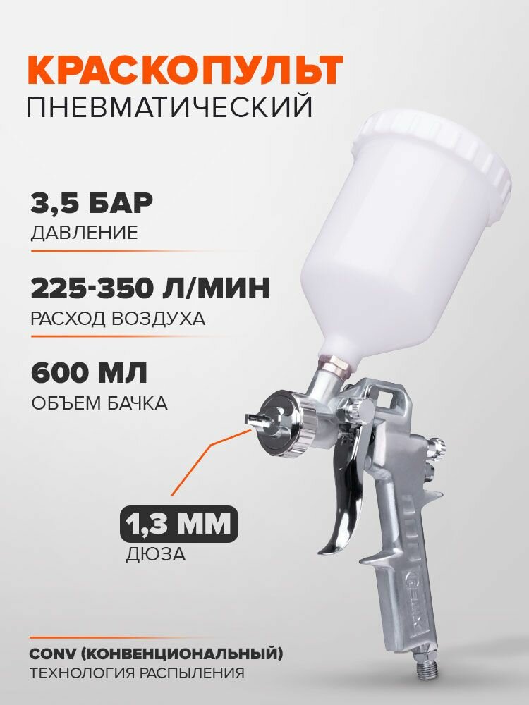 Краскопульт пневматический CONV REMIX S-990G, сопло 1.3 мм, бачок 600 мл для авто, мебели и дерева, для компрессора