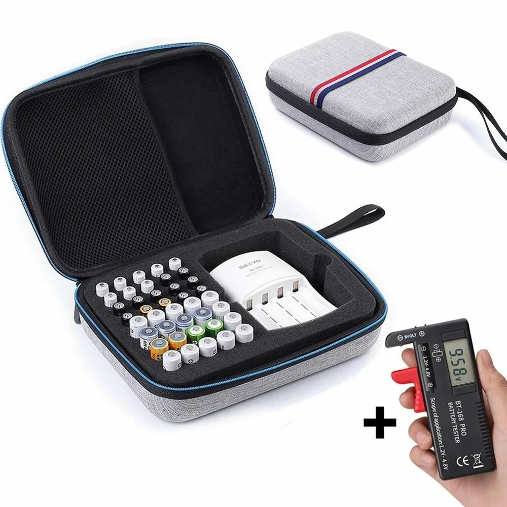 Футляр для хранения аккумуляторов AA/AAA (Дополнительное место для зарядного устройства) + тестер аккумуляторов
