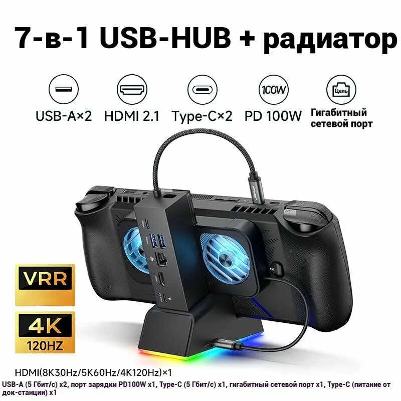 Док-станция (7 в 1) JSAUX c RGB подсветкой и охлаждением для Steam Deck LCD/OLED, ASUS ROG Ally / ROG Ally X, Lenovo Legion Go - HB0705
