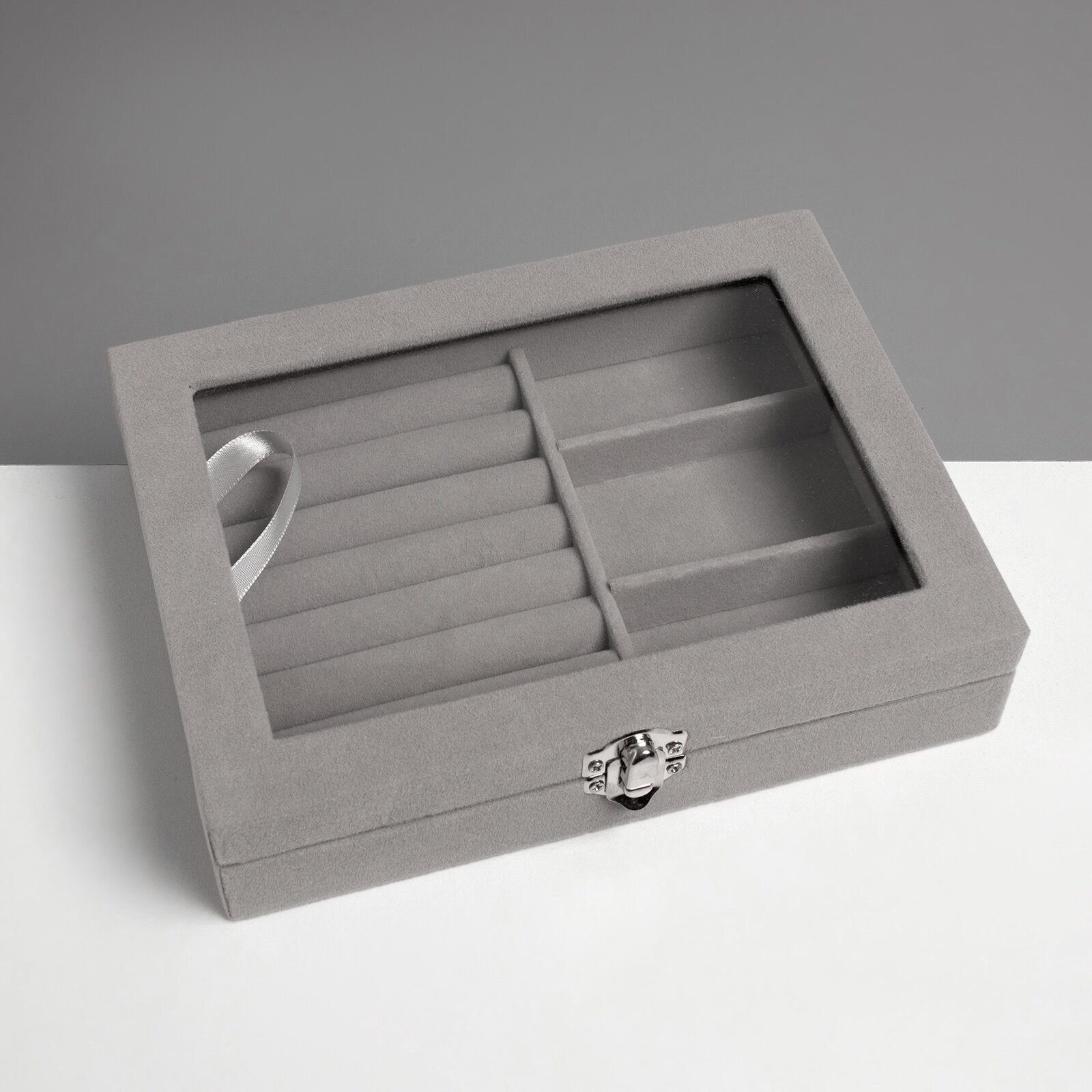 Шкатулка для украшений, 7 полос, 3 ячейки, 20×15×4.5, серая