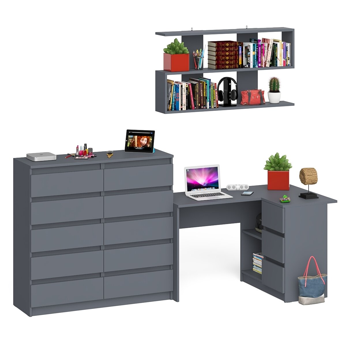 Набор мебели из углового стола Мори МС-16 правого с книжной полкой и комода МК1200.10 графит, 244,8х84,9х209,6 см