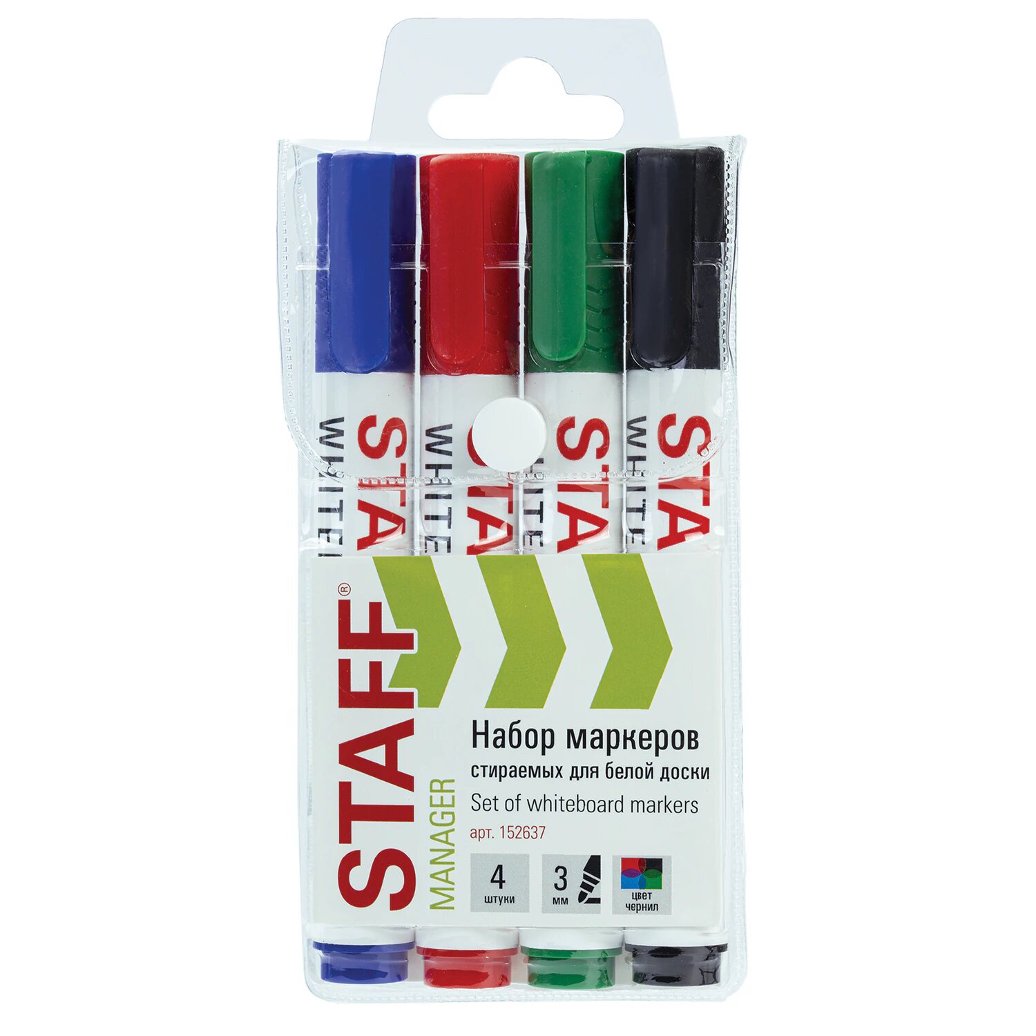 Маркеры стираемые для белой доски, набор 4 цвета, STAFF "MANAGER" WBM-300, 3 мм, с клипом, 152637