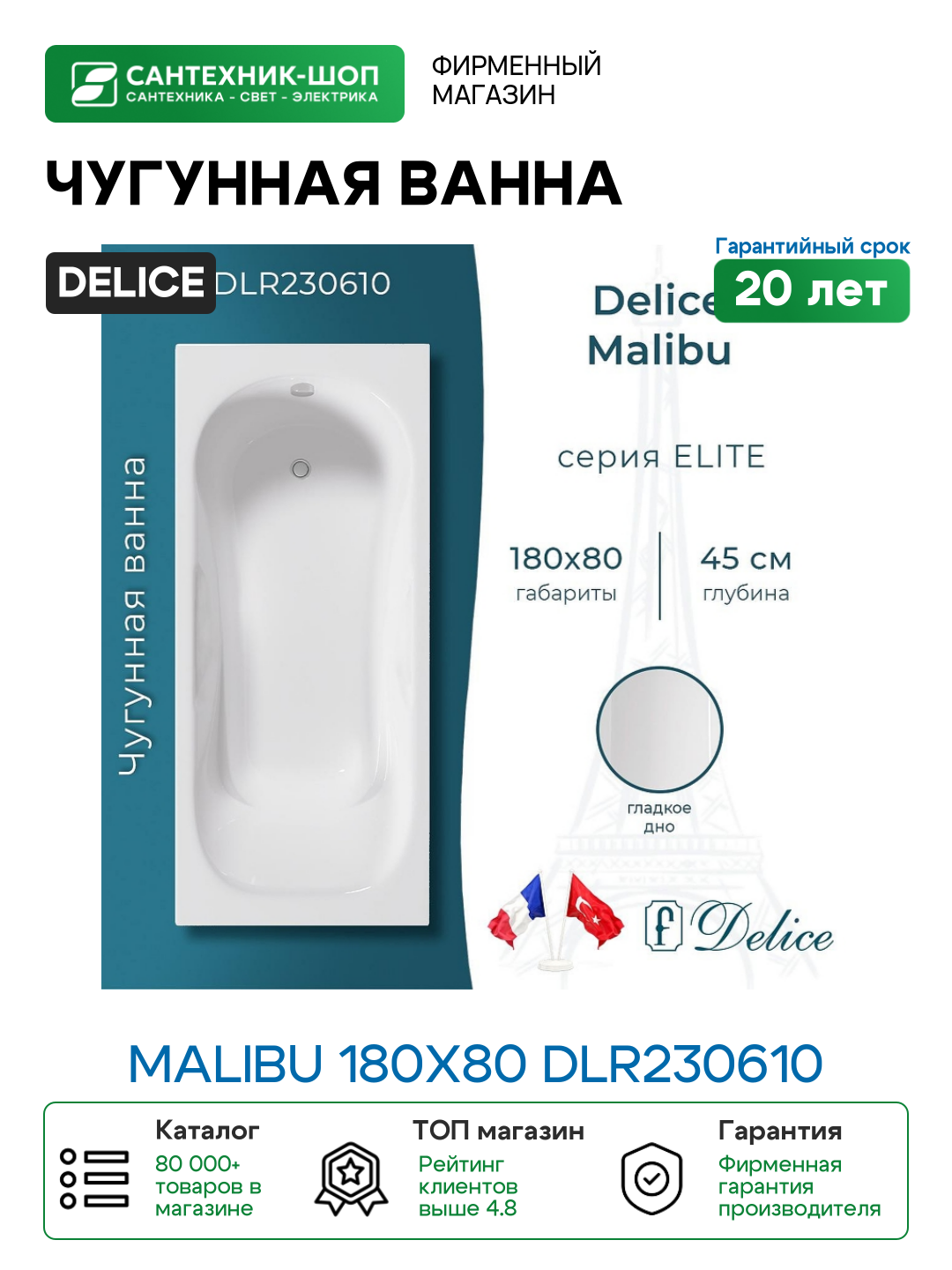 Чугунная ванна Delice Malibu 180x80 DLR230610 без отверстий под ручки и антискользящего покрытия