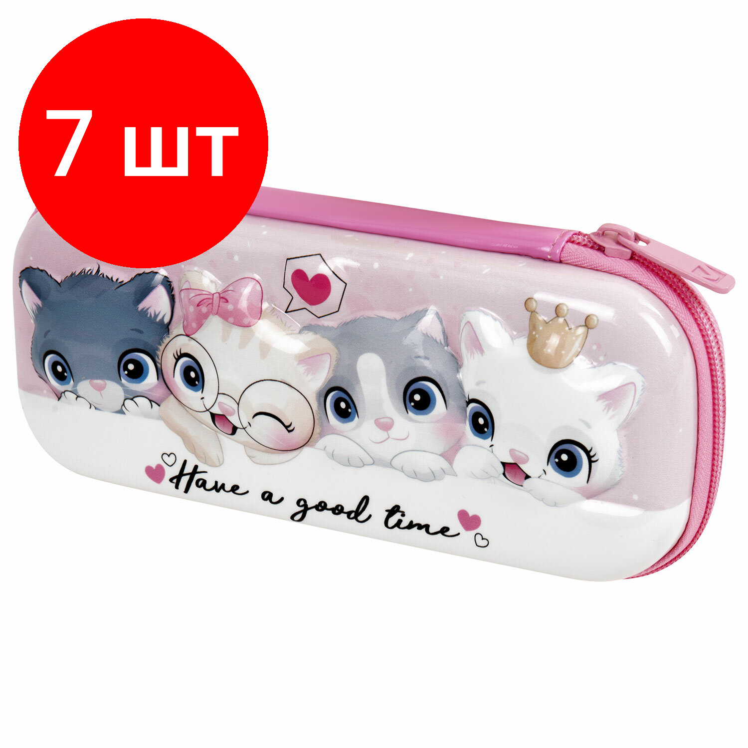 Комплект 7 шт, Пенал BRAUBERG, 1 отделение, 1 откидная планка, EVA 3D, 22х10х5 см, "Cats", 270700