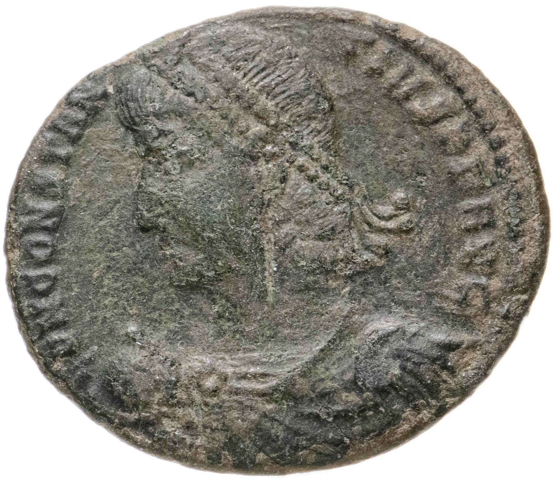 Римская Империя, Констанций II, 324-361гг, фоллис реверс: император держит штандарт с христограммой, перед ним два пленника, в сохранности XF