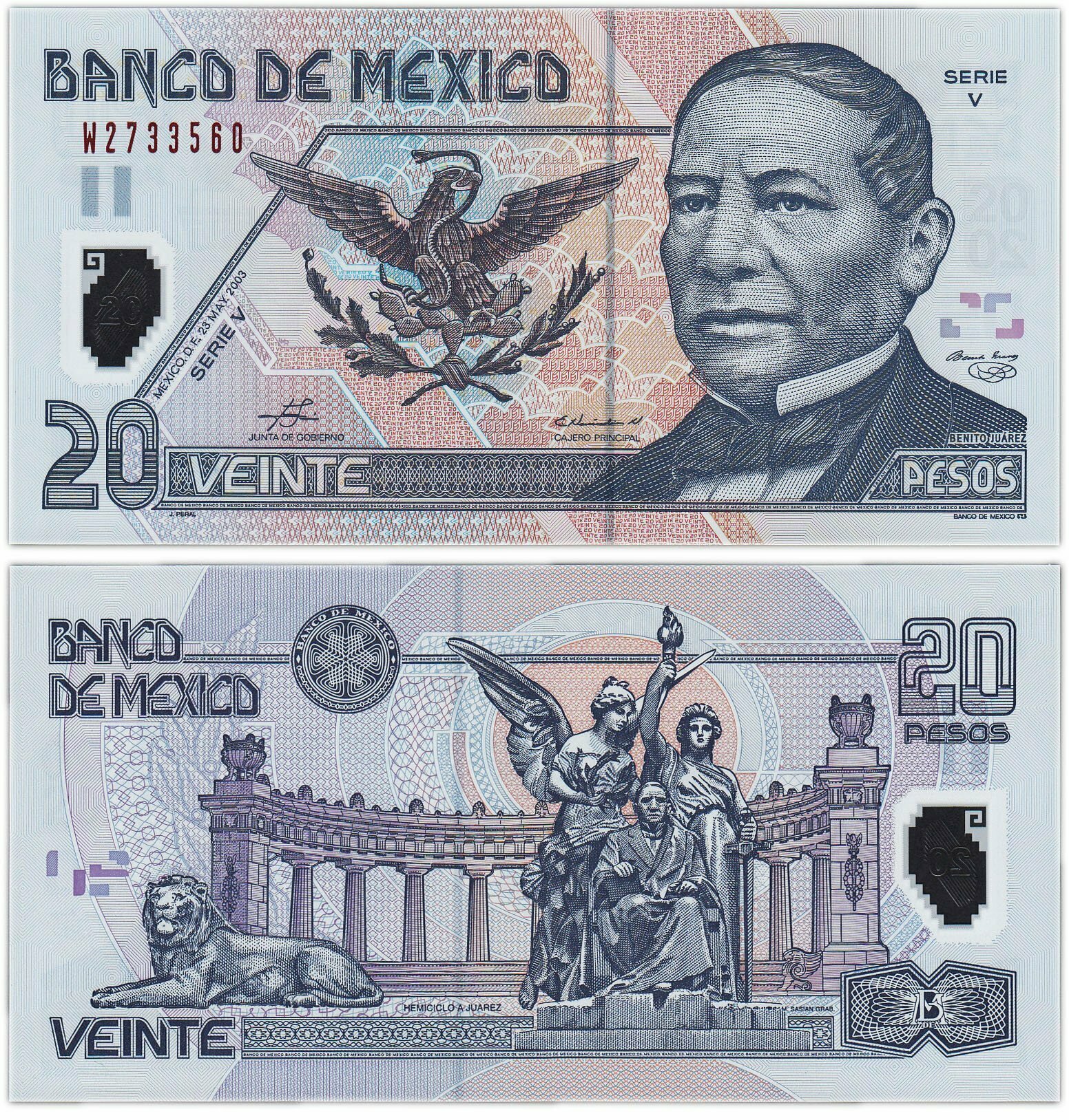 Мексика 20 песо 2003 "серия V" Pick-116d полимер