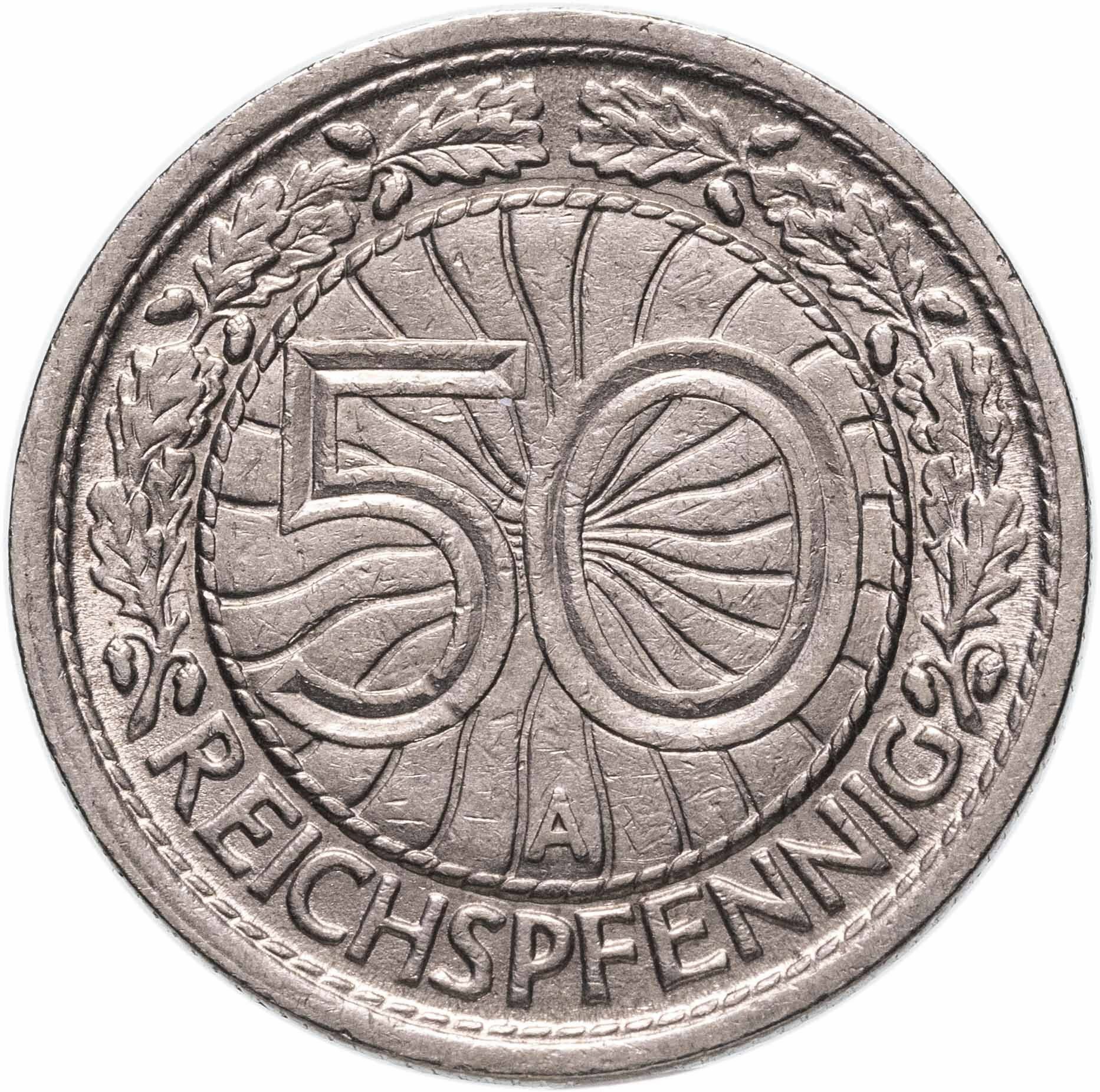 Германия 50 рейхспфеннигов reichspfennig 1931 знак монетного двора "A" — Берлин, Никель, в сохранности XF