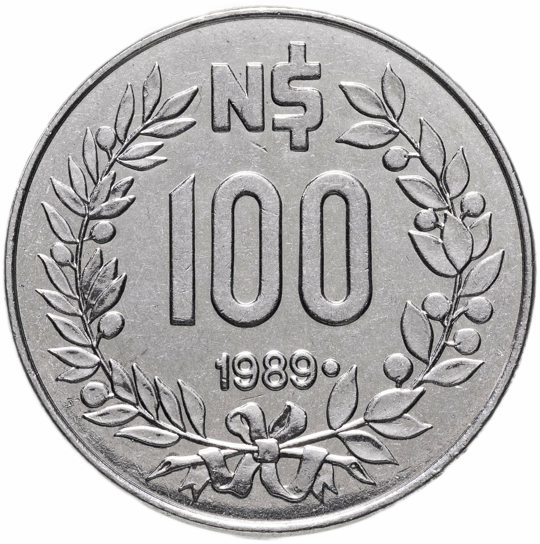 Уругвай 100 новых песо pesos 1989, Сталь, в сохранности AU