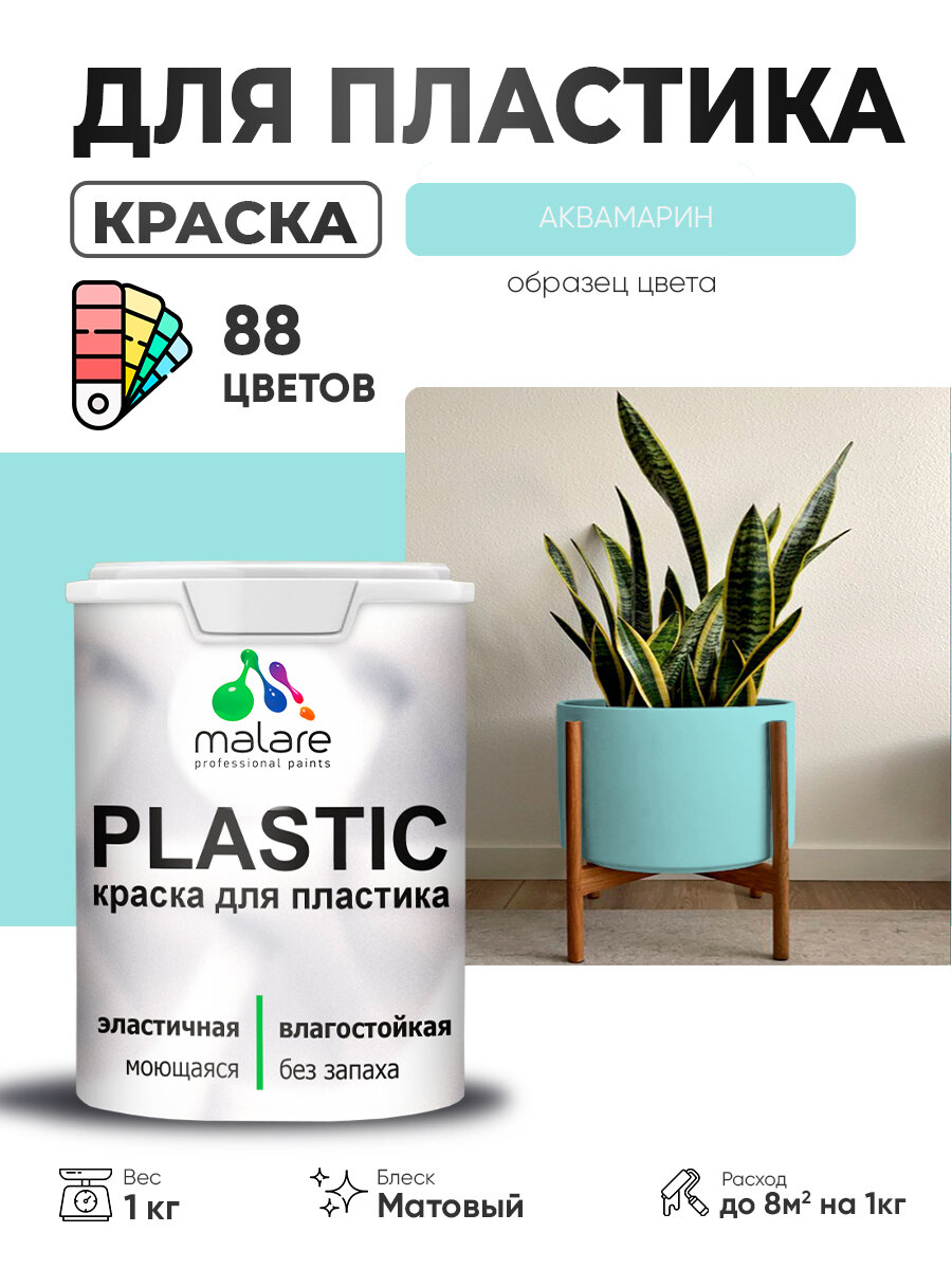 Акриловая краска для пластика Malare Plastic для пенопласта ПВХ сайдинга, для подоконников и откосов, быстросохнущая без запаха, матовая, аквамарин, 1 кг