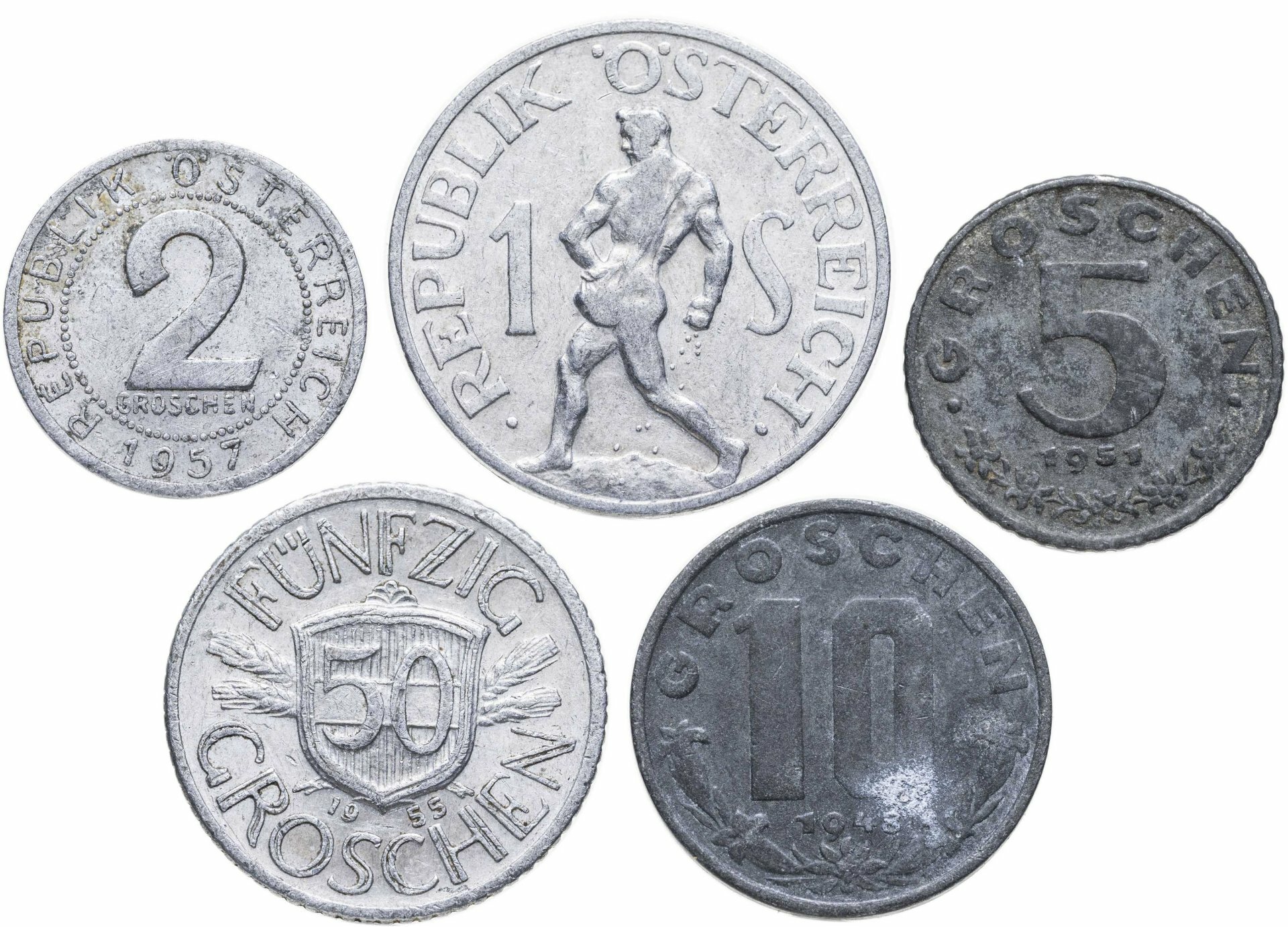 Австрия набор монет от 2 грошей до 1 шиллинга 1946-1957 5 шт, Цинк, Алюминий, в сохранности VF-XF