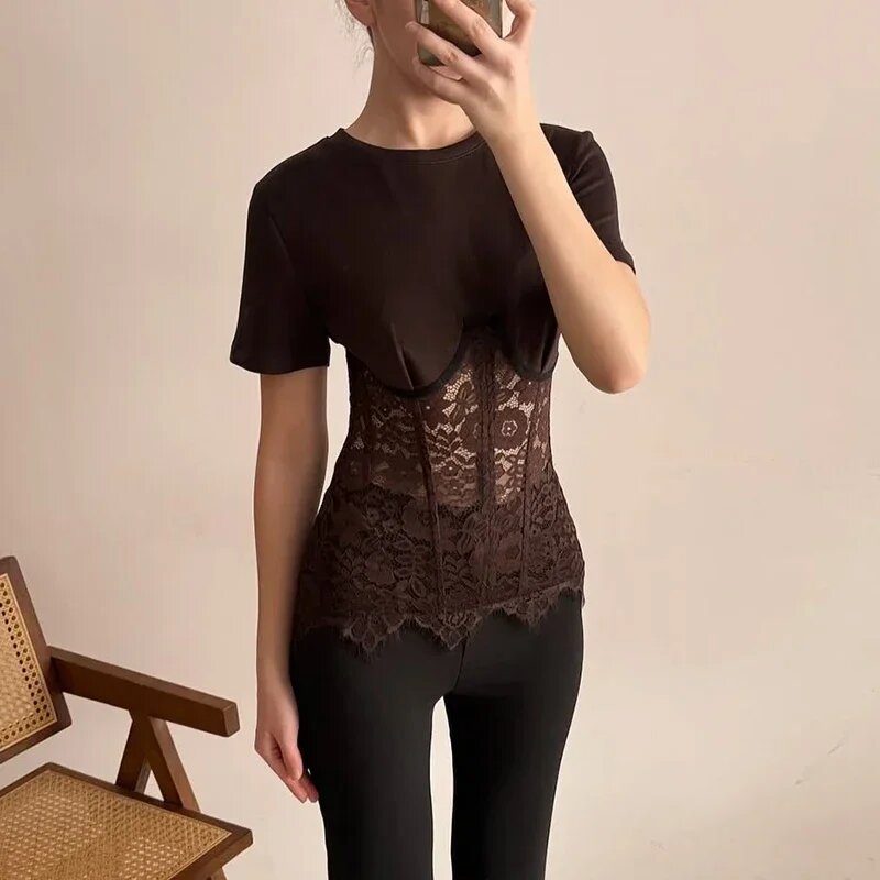 Короткая футболка с корсетом, brown, M
