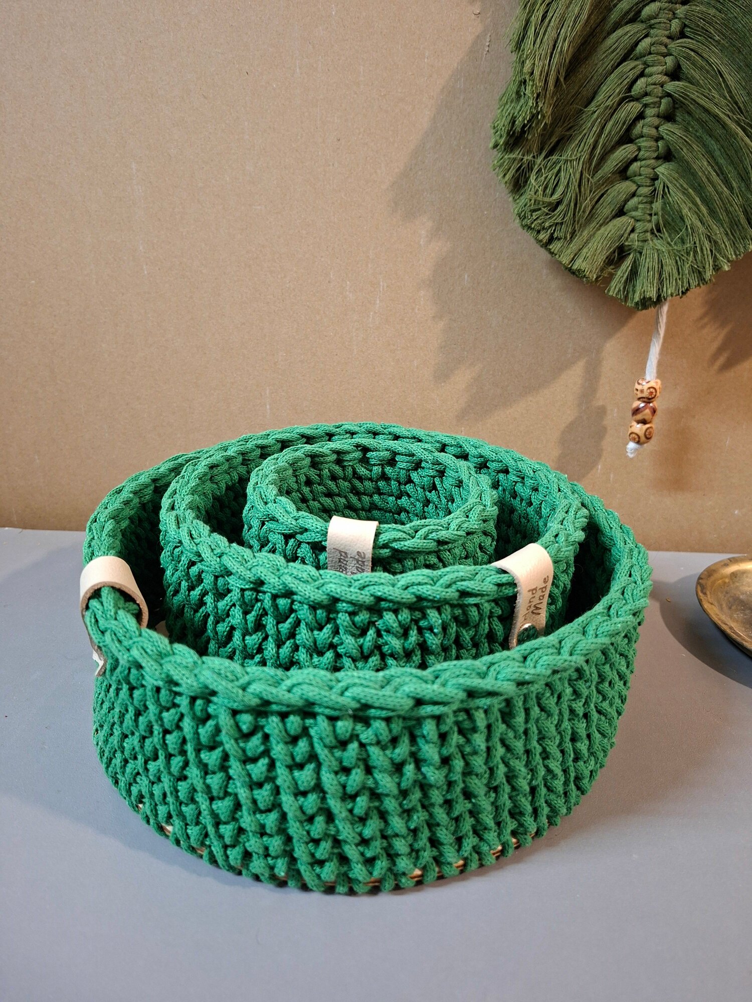Корзины вязаные плетеные для хранения, подарок на праздник, зеленый, 3 шт.