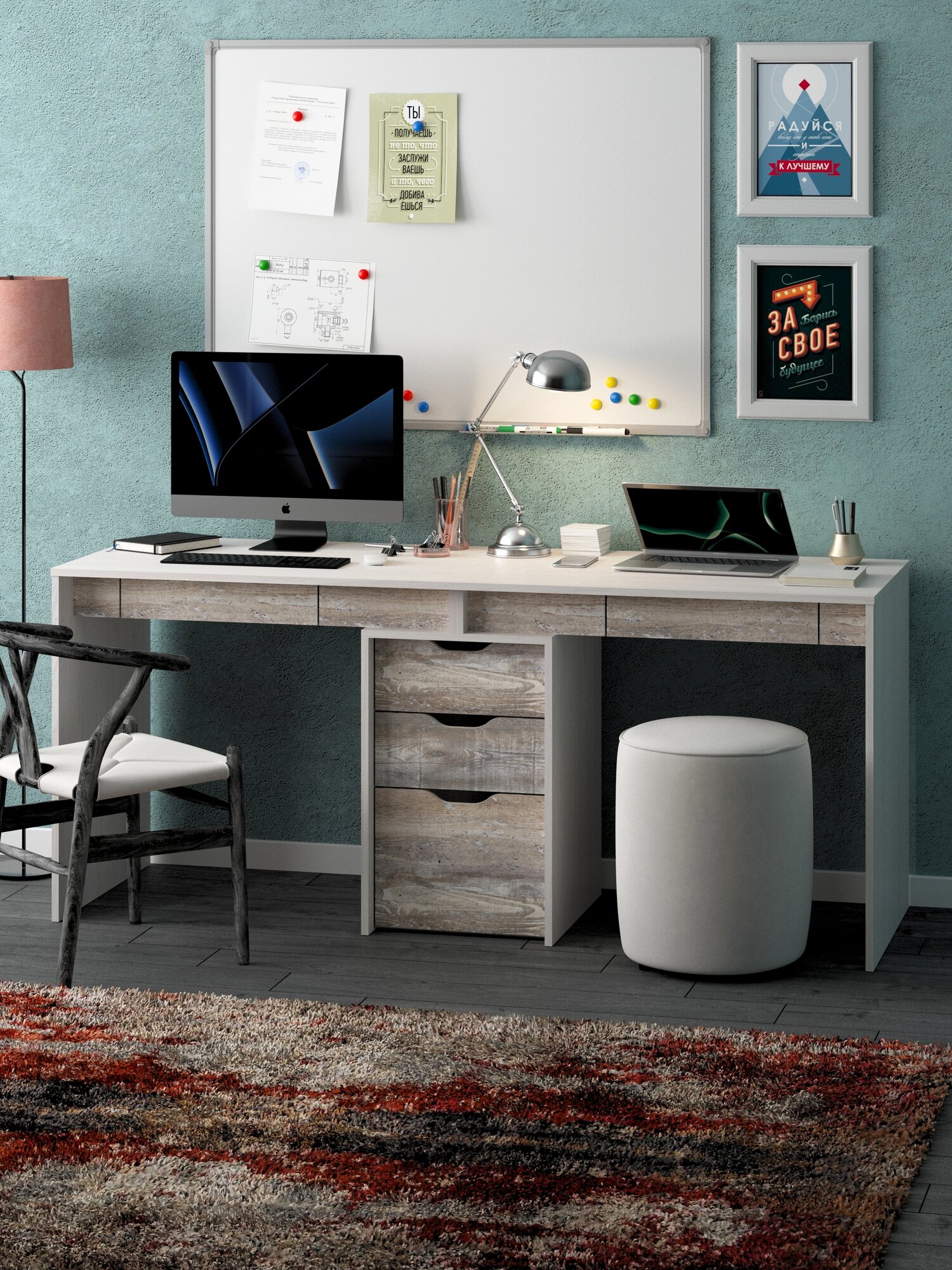 Есэндвич Grand Лаворо 5 Письменный стол для двоих, двойной, с тумбой 180х60х77 см (Анкор белый/Бетон пайн экзотик)