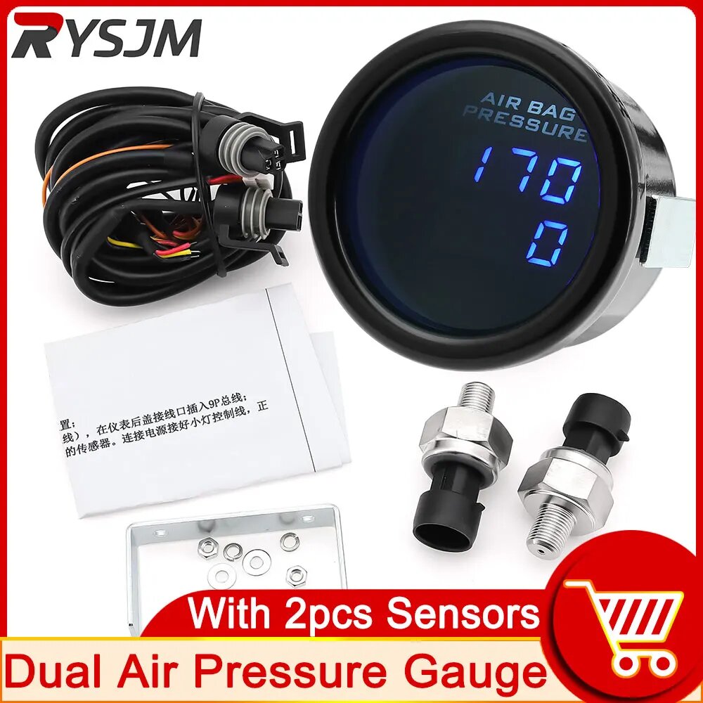 Манометр воздуха, синий светодиод, цифровой, 52 мм, с двойным считыванием, PSI, пневматическая подвеска, воздушная езда + 2 электрических датчика воздушного давления 1/8 NPT