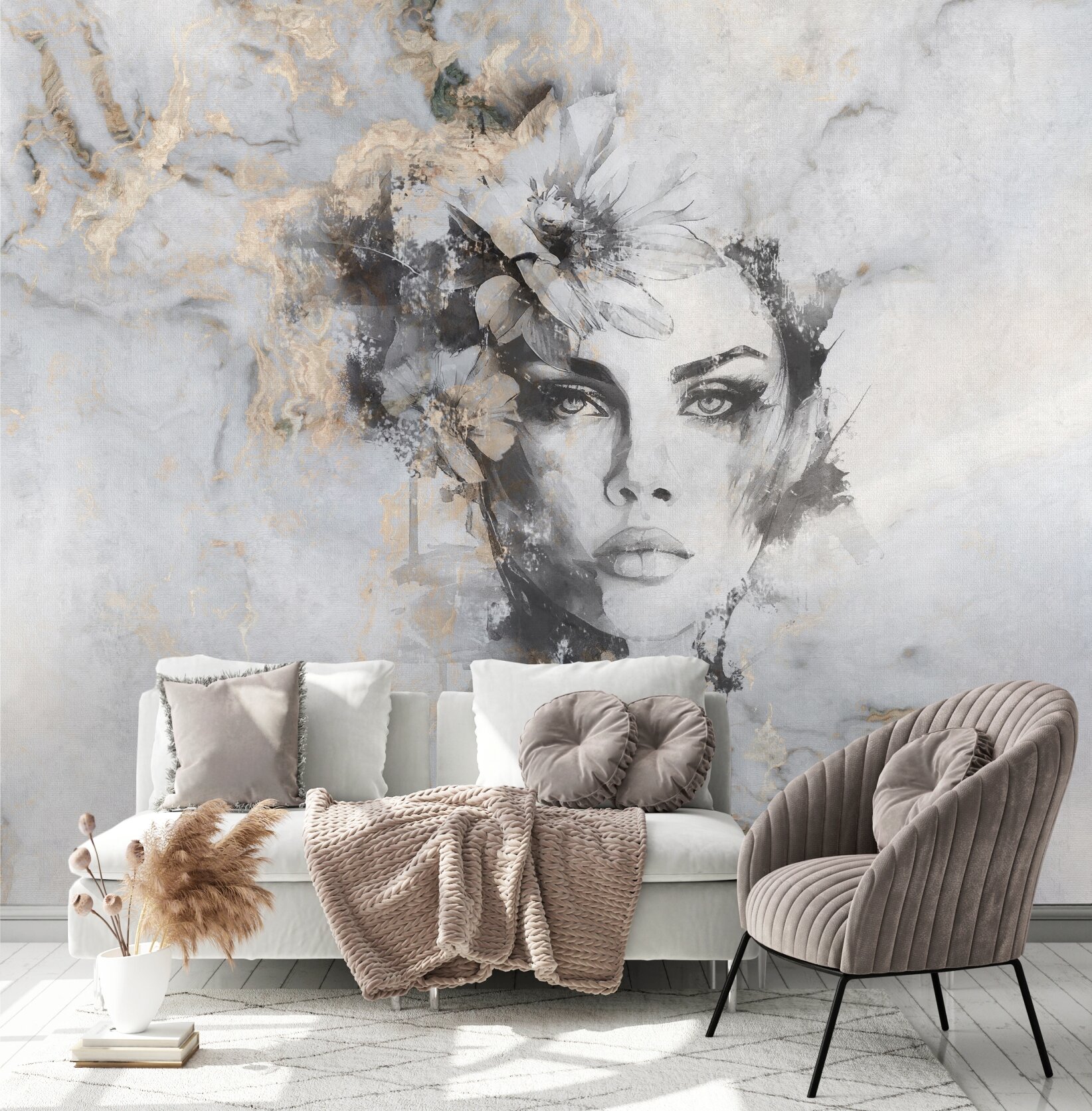 Флизелиновые фотообои на стену Dekor Vinil "Лицо женщины с цветком" 300х270 см в спальню, в гостиную, коридор, на кухню