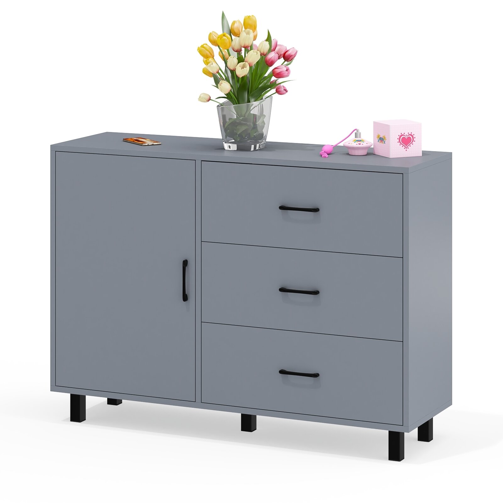 Комод-тумба три ящика и дверка РВК 122-1204, графит, 120,4х37,4х87 см.
