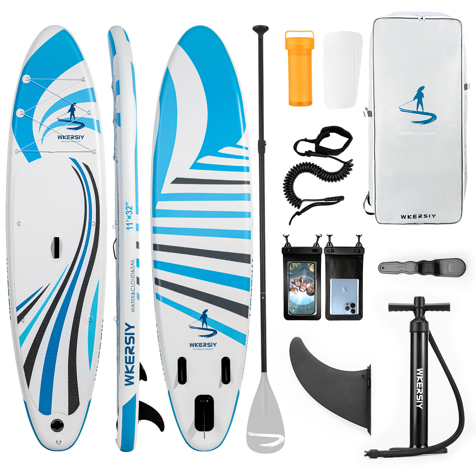 Пaddle Board надувной Stand Up Paddle Board 335 см, грузоподъемность 350 фунтов, размер 335*81*15 см, материал PVC + EVA, цвет синий и серый/синий и красный, с насосом, веслом, ремнем безопасности, рюкзаком, ремонтным набором, плавником, сумкой для