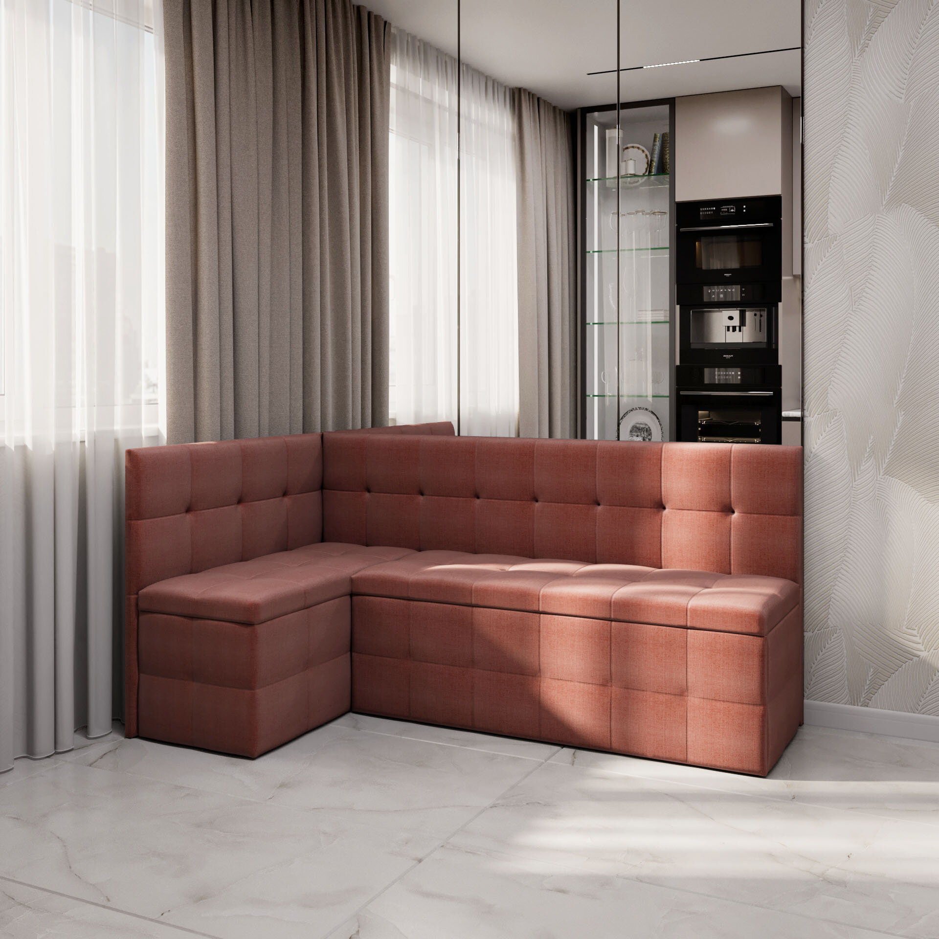 Диван кухонный угловой "Домино" D@E Factory со спальным местом, рогожка Саванна плюс корал, угол универсальный