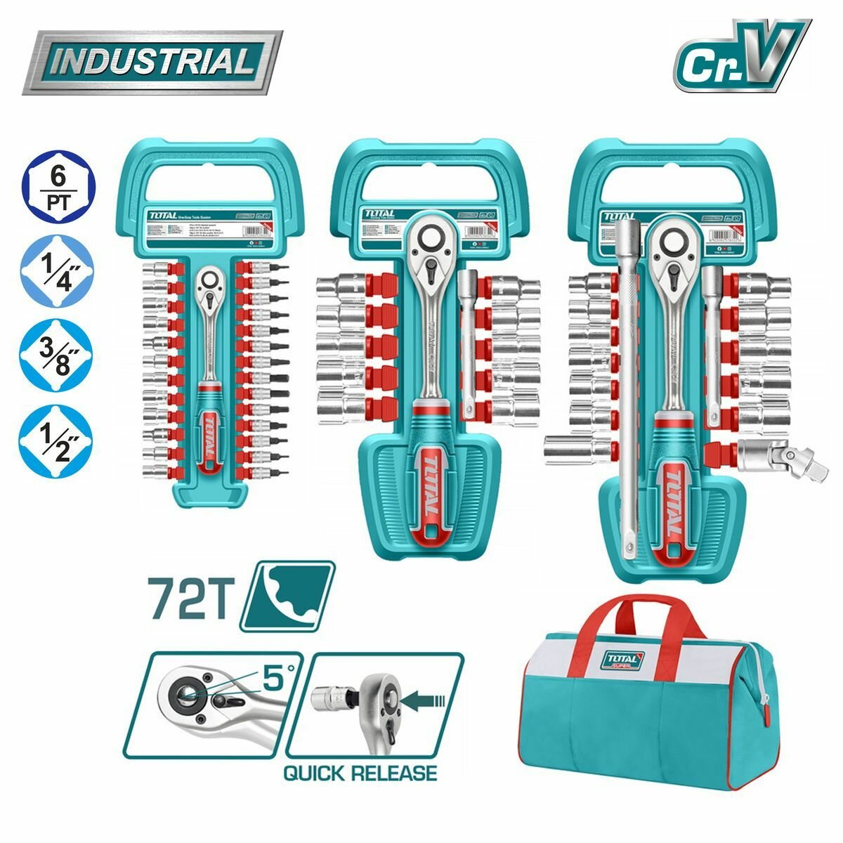 Набор инструментов TOTAL 401706, трещотки 72Т, торцевые головки, удлинители, сумка